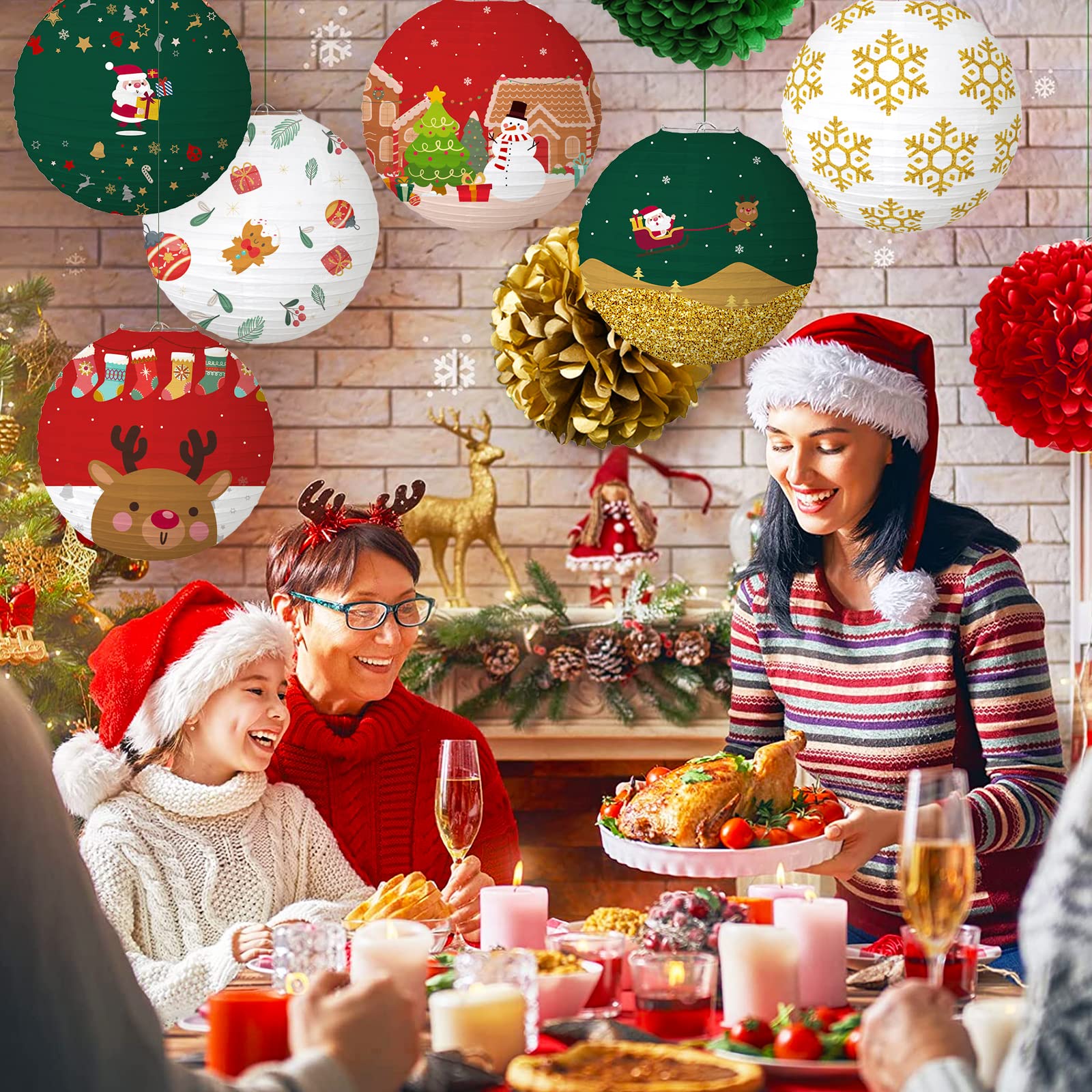 YIOTJUNL Christmas Decorations Party Paper Lanterns Set,Red and Green Pom Poms Christmas Decorations,Merry Christsmas Banner for Christmas Party Decorā¦