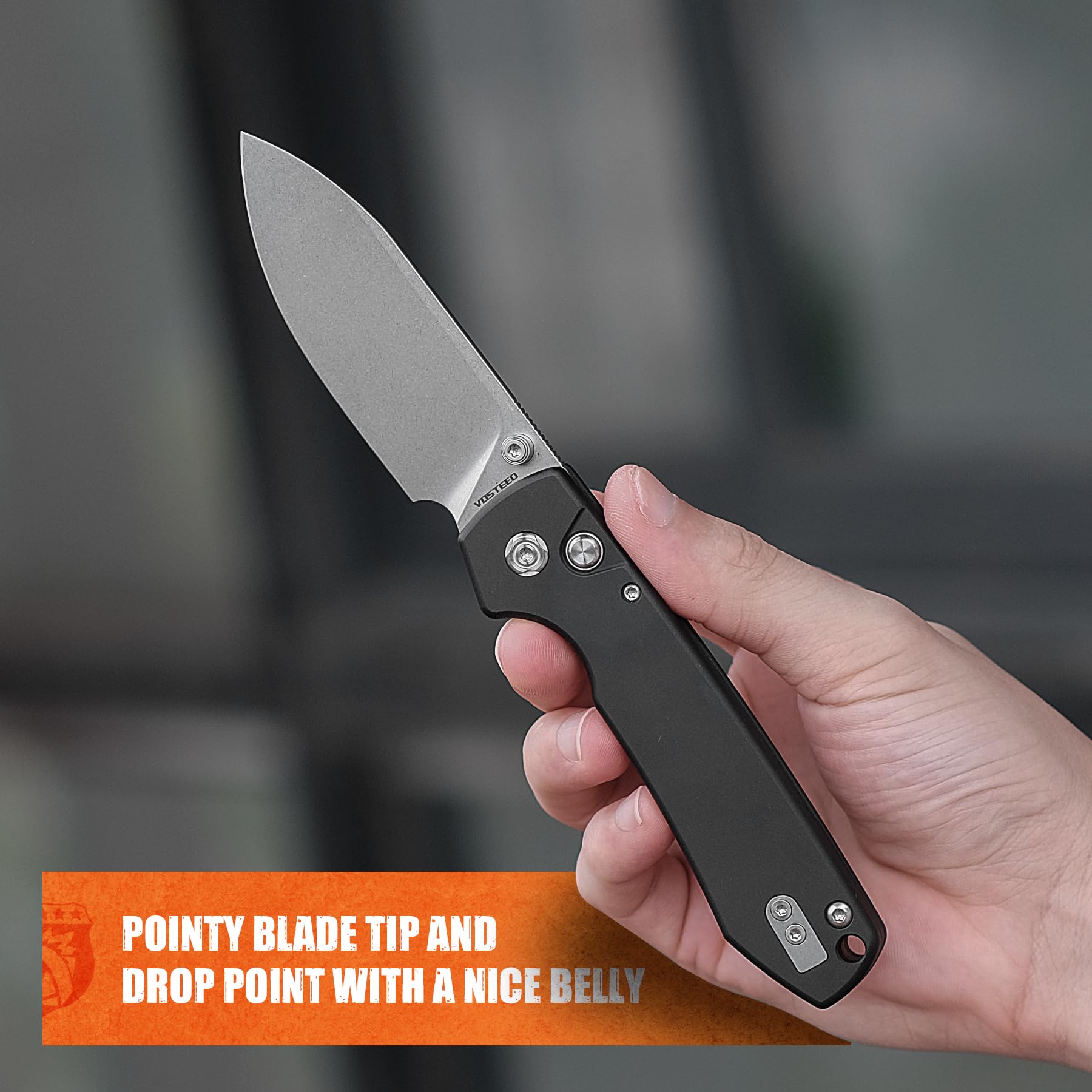 Vosteed EDC Knife, Lightweight Folding Pocket knife with Clip for Men and Women, Sharp Button Lock Knife with 3.25" Nitro-V Steel Blade, Aluminum Black Handle for Camping - Raccoon