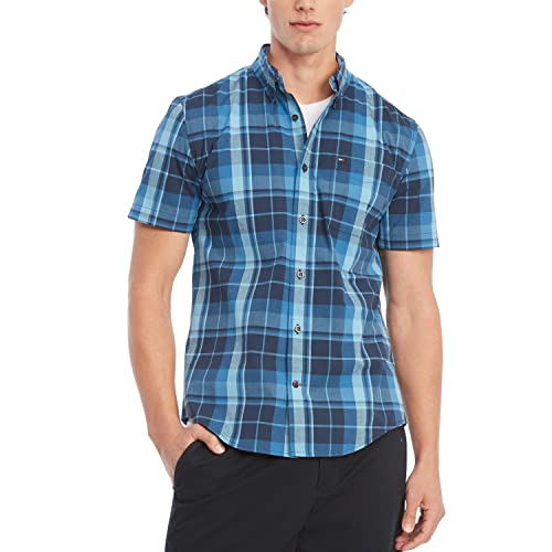 Tommy Hilfiger Men's Short Sleeve Casual Button Down Shirt in Regular Fit, Carbon Navy