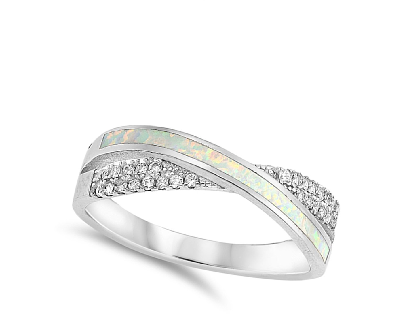 White Simulated Opal Double Shank Criss Cross Ring 925 Sterling Silver Band Size 7