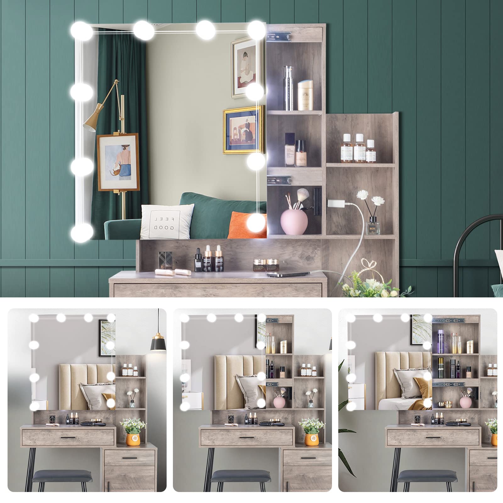 VINGLI Vanity Desk with Sliding Mirror & Lights & Charging Station & Drawers & Shelves & Door, Farmhouse Modern Makeup Vanity Set with Stool (Rustic Gray, 39'' x 16'' x 63'', Bench included)