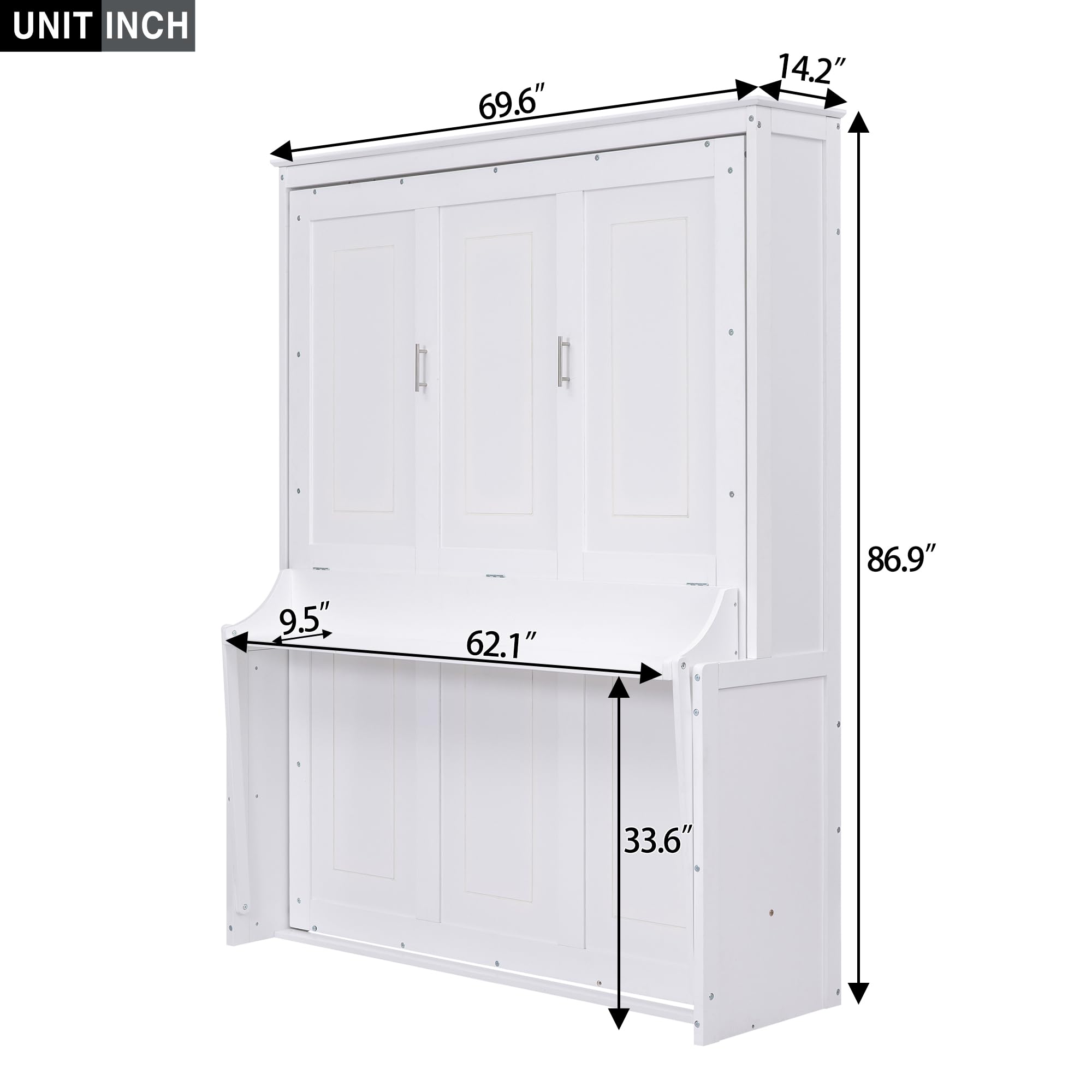 YSWH Queen Size High Murphy Bed Chest, Wood Murphy Bed Frame with Shelf Desk, Mobile Versatile Chest Bed Folding Bed for Bedroom Furniture, Foldable Platform Bed Folded into Cabinet (White)