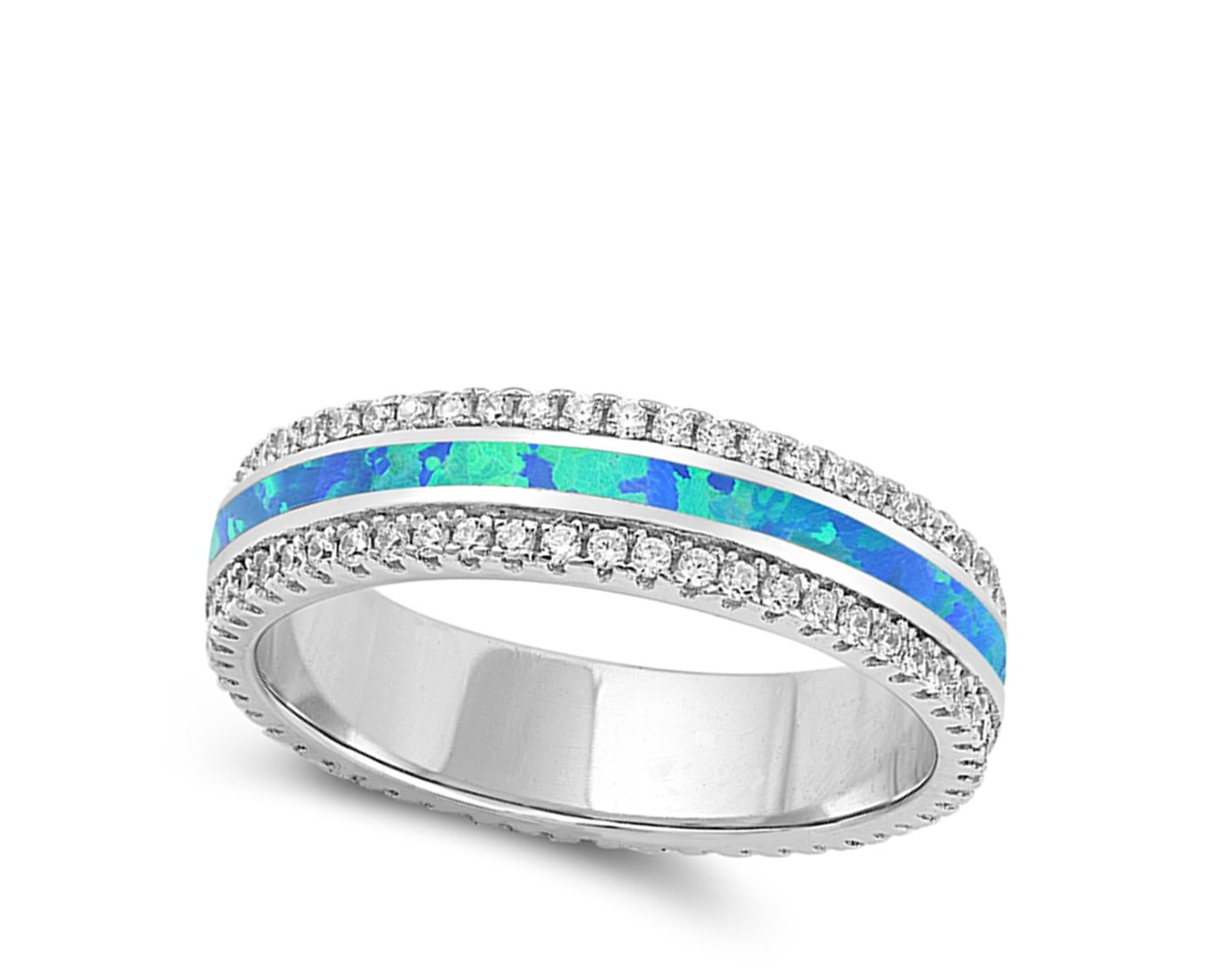 White Simulated Opal Wedding Ring .925 Sterling Silver Sparkle Bling Band Size 9