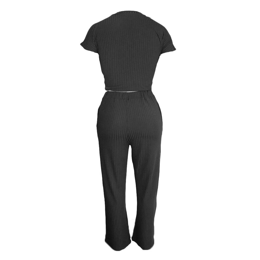 Women's 2 Piece Outfits Short Sleeve Crop Top High Waist Wide Leg Pants Set Sweater Jumpsuits Black S