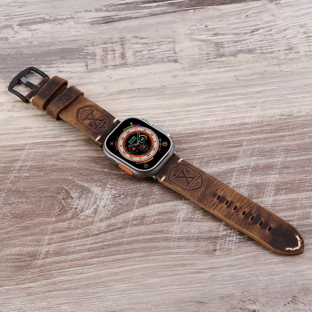 WONJOY Compatible with Apple Watch Band Ultra 2/1 49mm 45mm 44mm 42mm 41mm 40mm 38mm iWatch Series 9/8/7/SE/6/5/4/3/2/1, Retro Leather Handmade Strap for Men Women