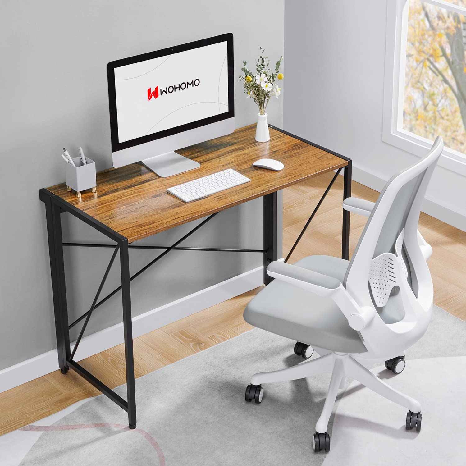 WOHOMO Folding Computer Desk No Assembly Small Desk 39β Study Writing Desk for Small Spaces Foldable Table Walnut