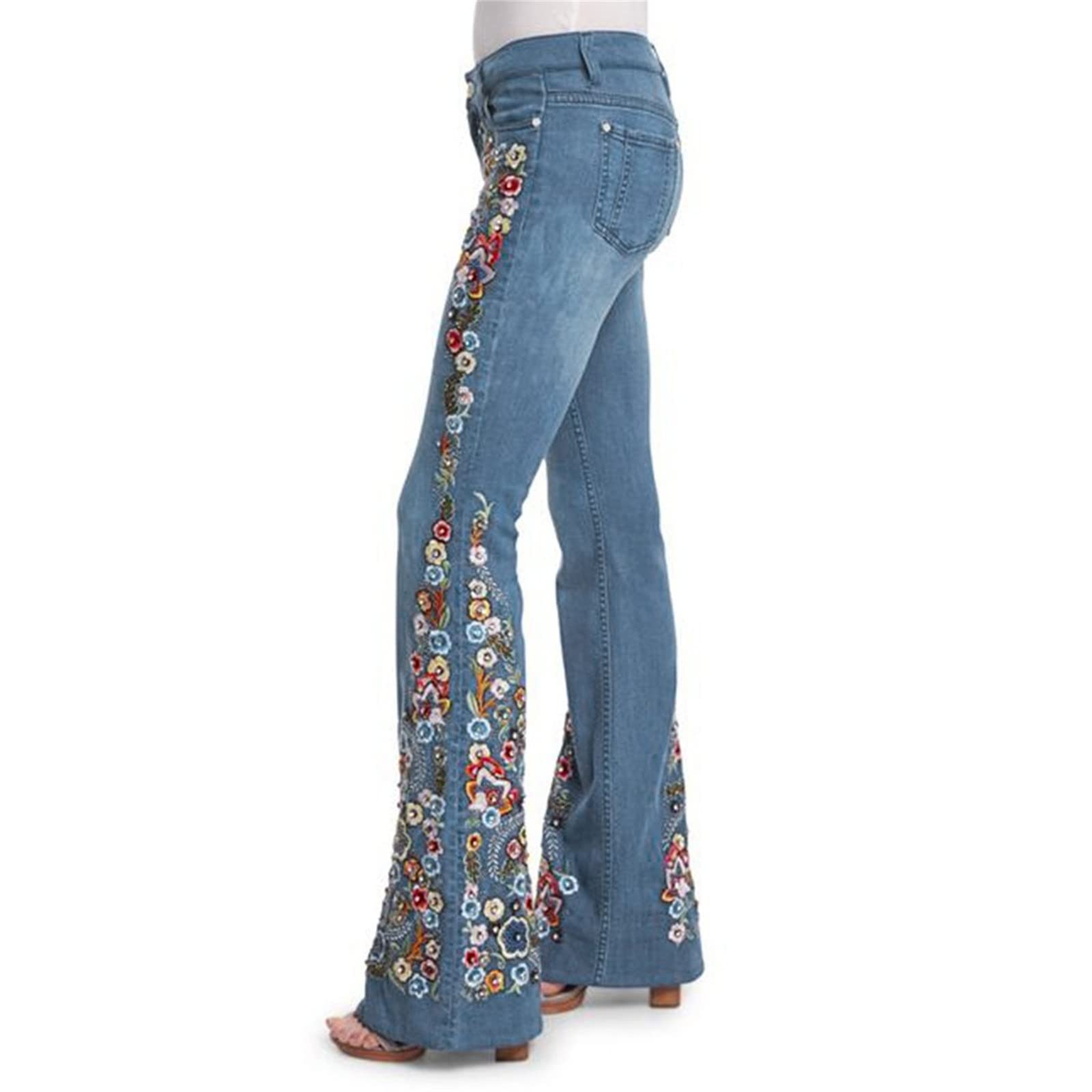 Women's Embroidery Destoryed Flare Jeans Button Waist Bell Bottom Summer Casual Trouser Comfortable Denim Pants(Light Blue,XX-Large)