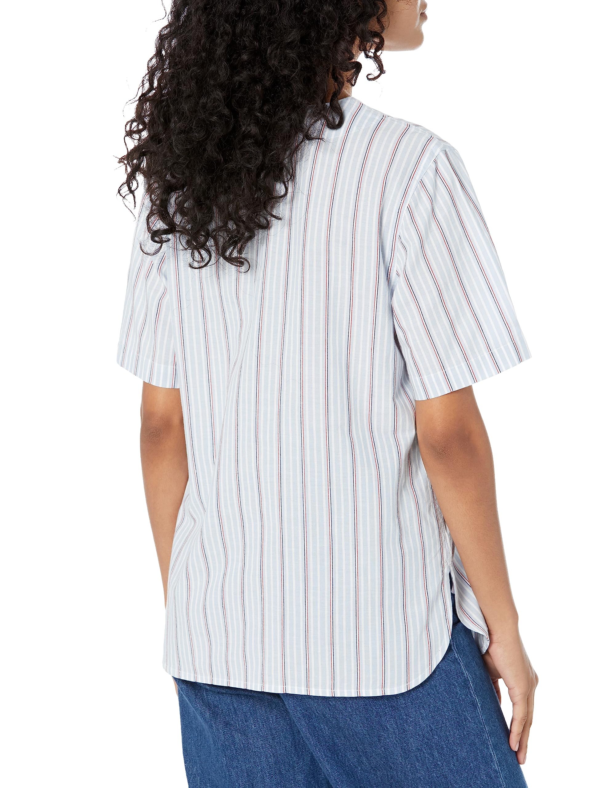 Tommy Hilfiger Women's Woven Baseball Button Up Striped Shirt, Sky Captain, Large