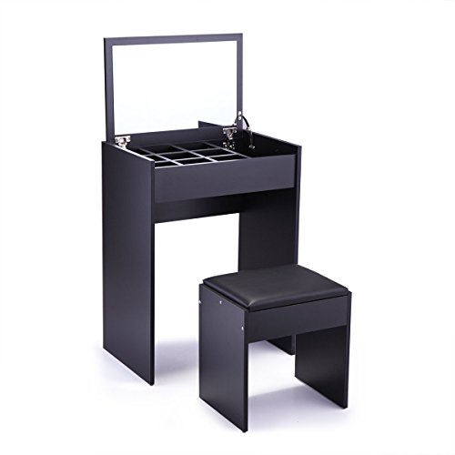 XMLYEC Vanity Set with Flip Top Mirror Makeup Dressing Table with Cushioned Stool - Black