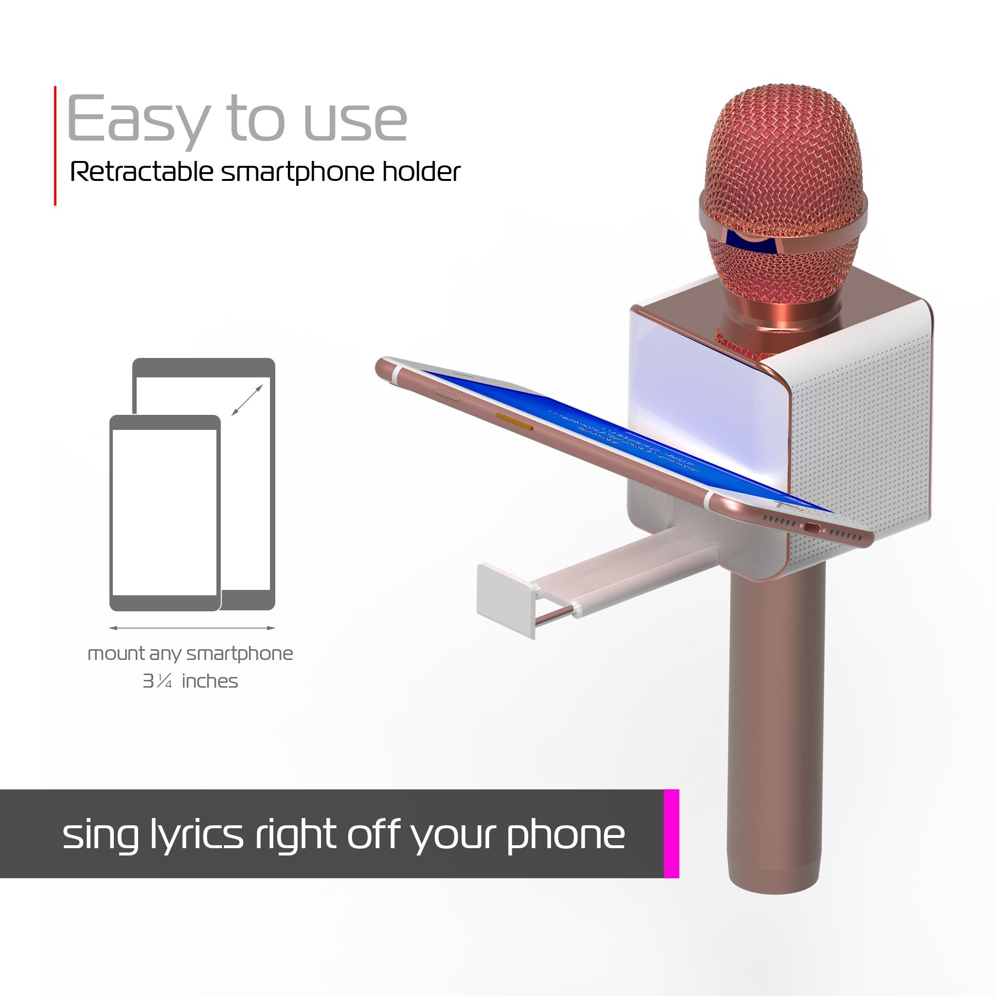 Tzumi PopSolo Professional Bluetooth Karaoke Microphone and Voice Mixer with Smartphone Holder β Great for Kids and Parties β Rose Gold