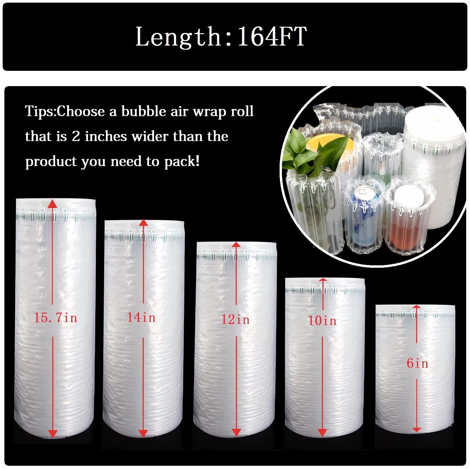 YUANSHAO Bubble Cushioning Wrap Roll,6inx164ft,Inflatable Air Column Wrap for Heavy Duty Packing/Moving,Breakable Shipping Supplies,Packing Materials,with 30 Fragile Stickers and Pump