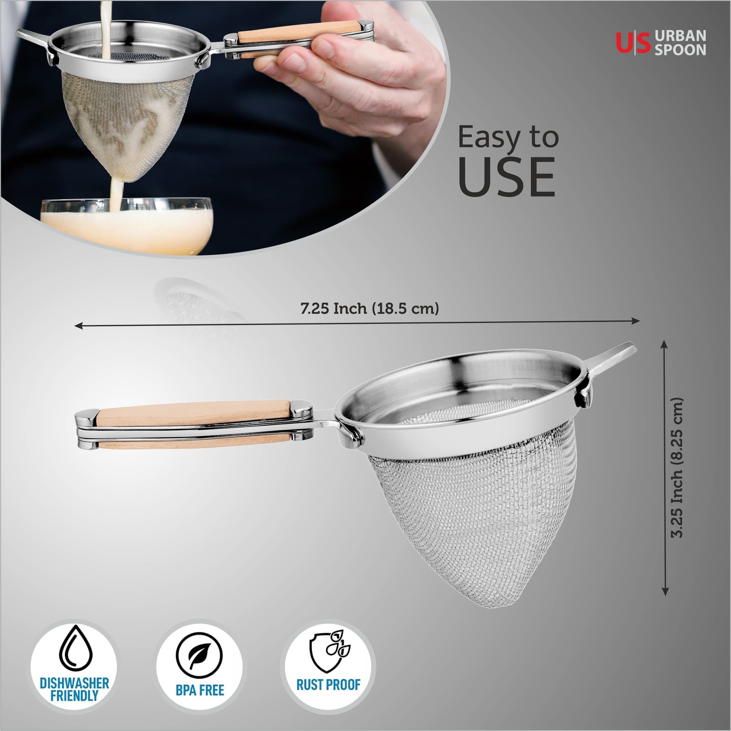 URBAN SPOON Professional Bartender Fine Mesh Sieve Strainer, Rust Proof Stainless Steel Cocktail Strainer for Home Bar, Multi-Purpose Strainer with Handle for Herbs, Coffee, Juice & Beverages