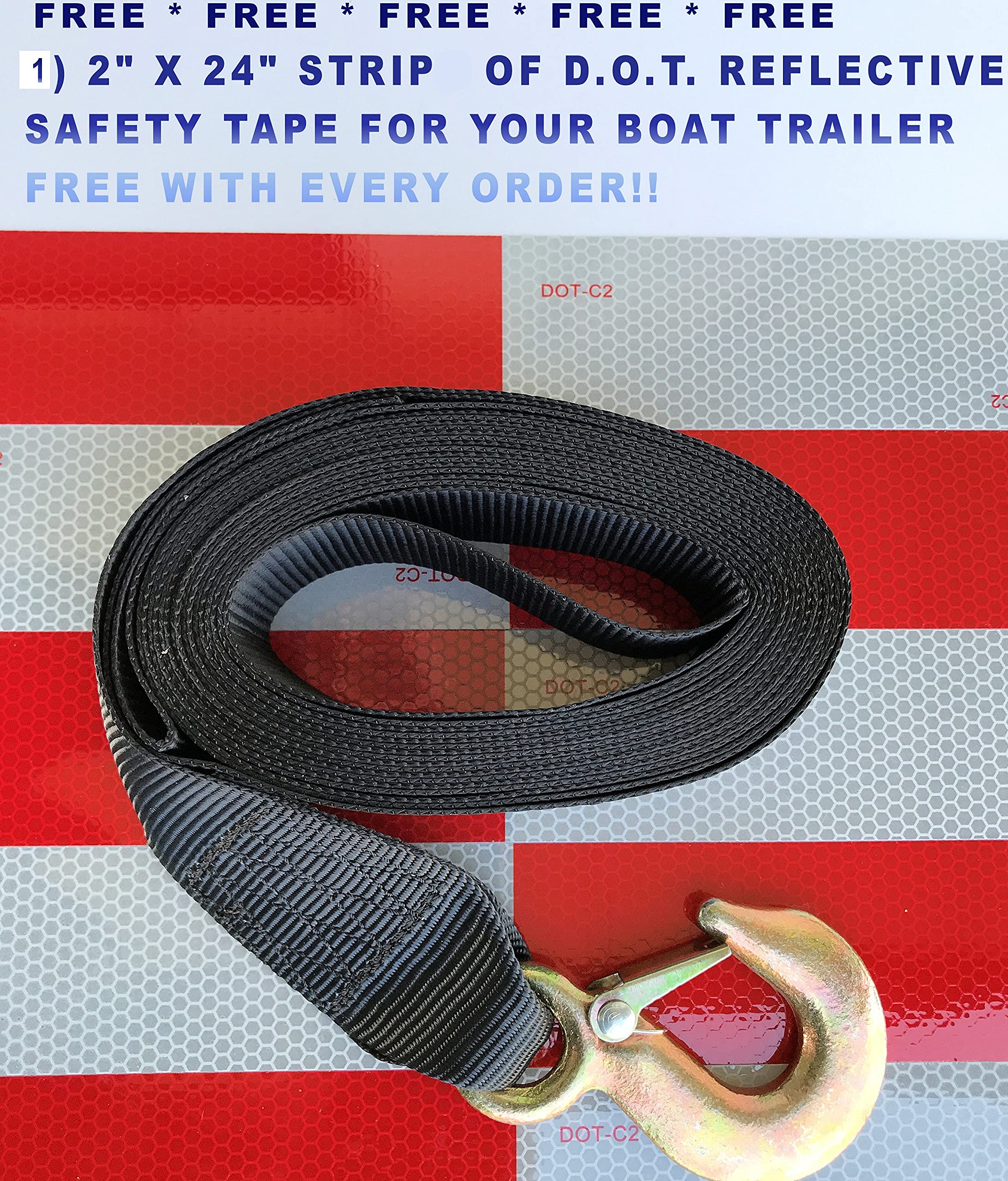 Winch Strap with Hook for Boat Trailer Heavy Duty Replacement Capacity 5,600. Lbs Black Nylon 2 inch Wide x 20 feet Long for Fishing Winch Securing Tie Down Marine Galvanized Hook Free Safety Tape