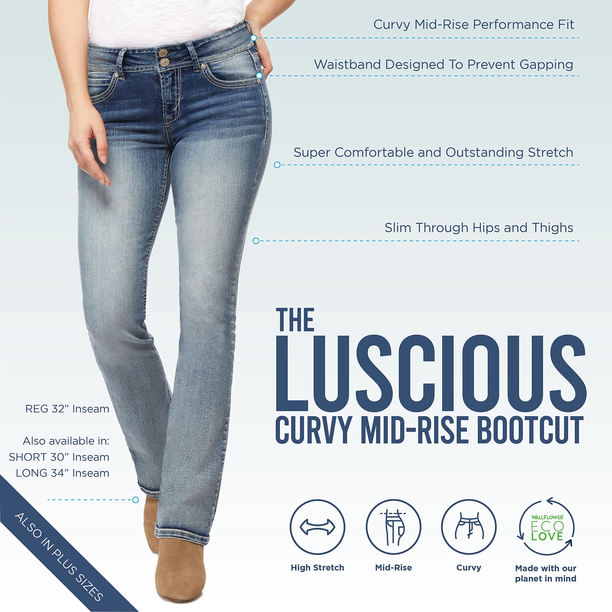WallFlower Women's Luscious Curvy Bootcut Mid-Rise Insta Stretch Juniors Jeans (Standard and Plus), Jenna, 13