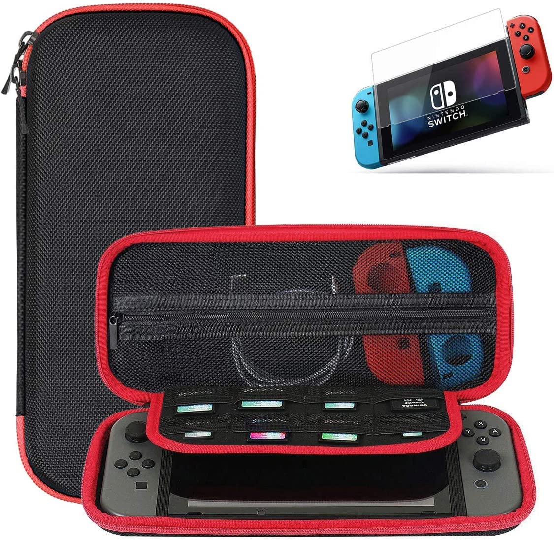 Ztotop Case and Tempered Glass Screen Protector for Nintendo Switch, Portable Travel Carrying Case Slim Protective Hard Shell for Switch Console & Controller Accessories (8 Game Holder), Red