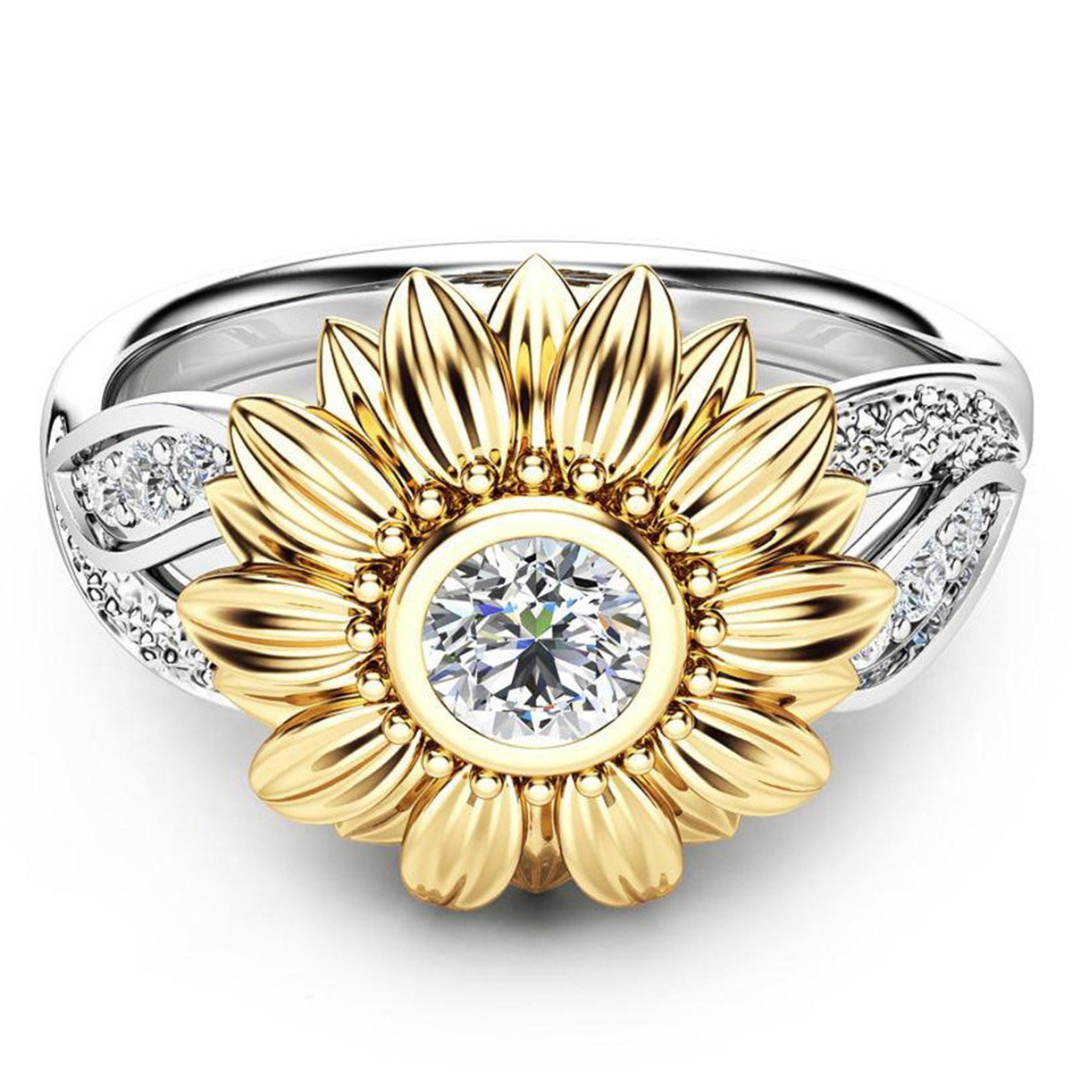 Ztuo White Round Cz Sunflower Flower Diamond Gold Floral Leaf Ring for Women Wedding Jewelry Size 10
