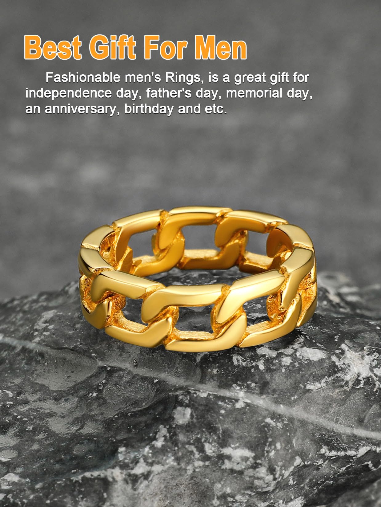 U7 Men Women 18K Gold Plated 7mm Wide Band Cuban Link Chain Ring, Size 7