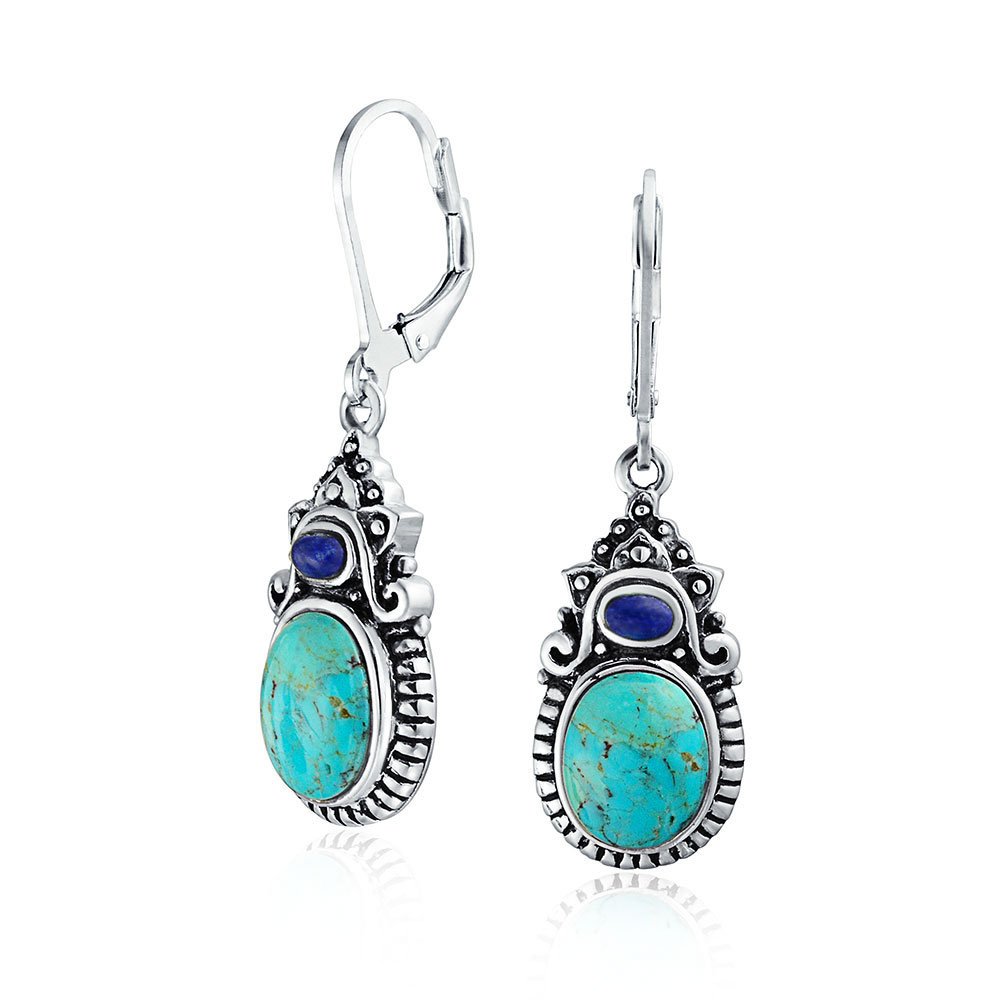 South Western Style Multi Stones Stabilized Turquoise Oval Lapis Lever back Dangle Earrings For Women .925 Sterling Silver