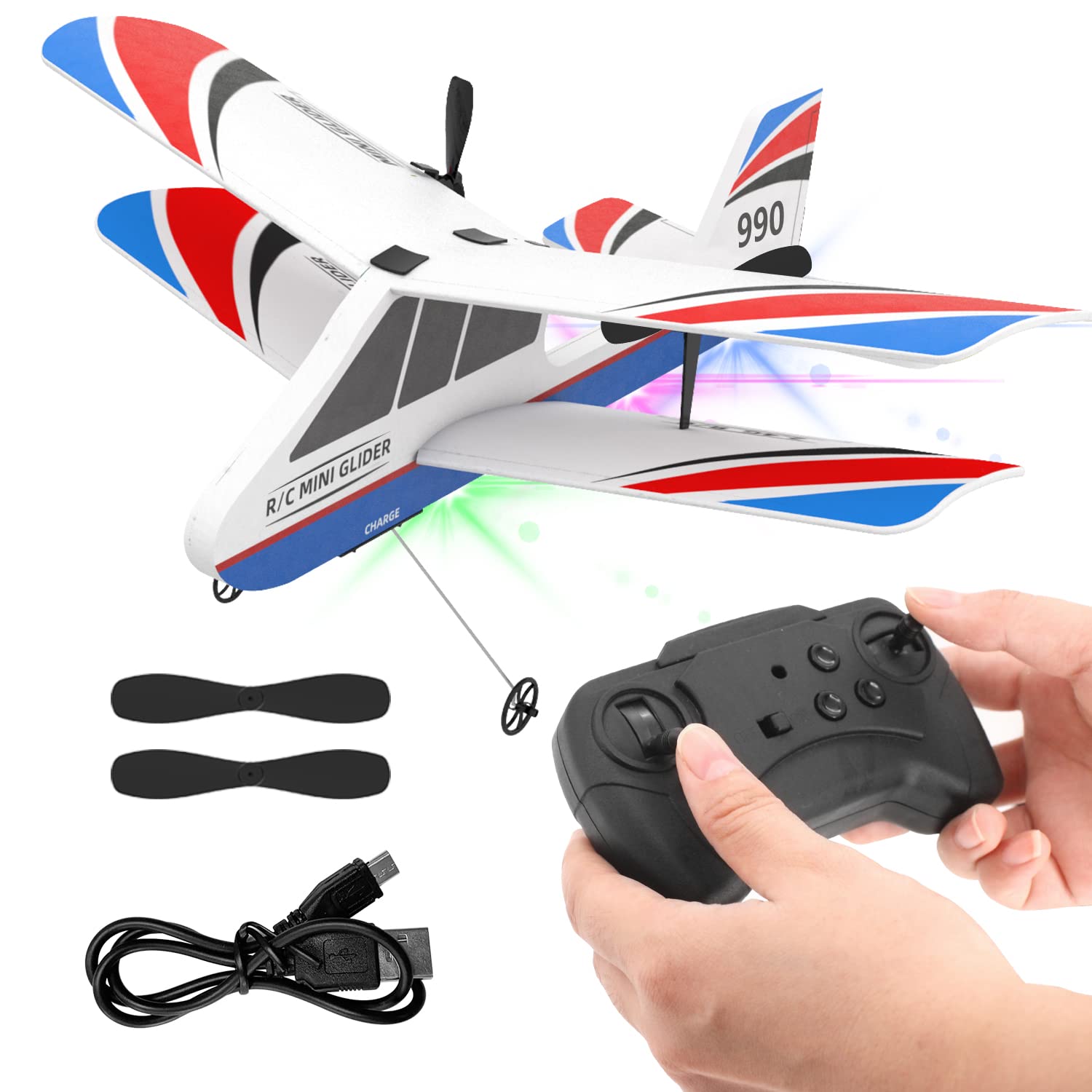 USHINING RC Planes for Kids, Remote Control Airplanes Indoor Outdoor 2.4GHz with Gyro DIY Easy to Fly RC Airplane with LED Light MPP RC Glider for Kids Beginners (White)