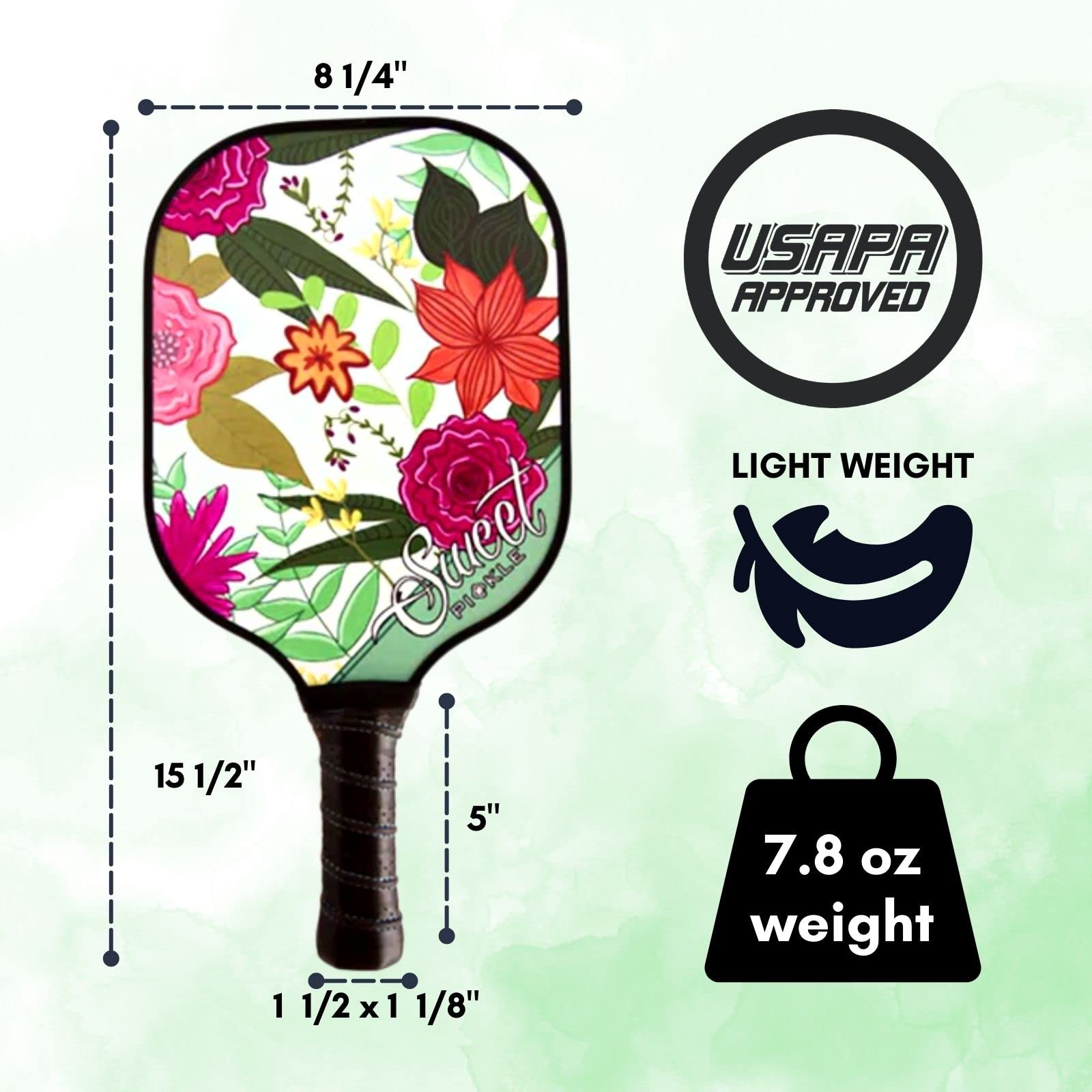 Sweet Pickle Tropical Paradise Pickleball Paddle, Composite Honeycomb Core, Carbon Graphite, Soft Grip, Indoor Outdoor Lightweight Stylish Design Pickleball Racket with Raquet Paddle Cover