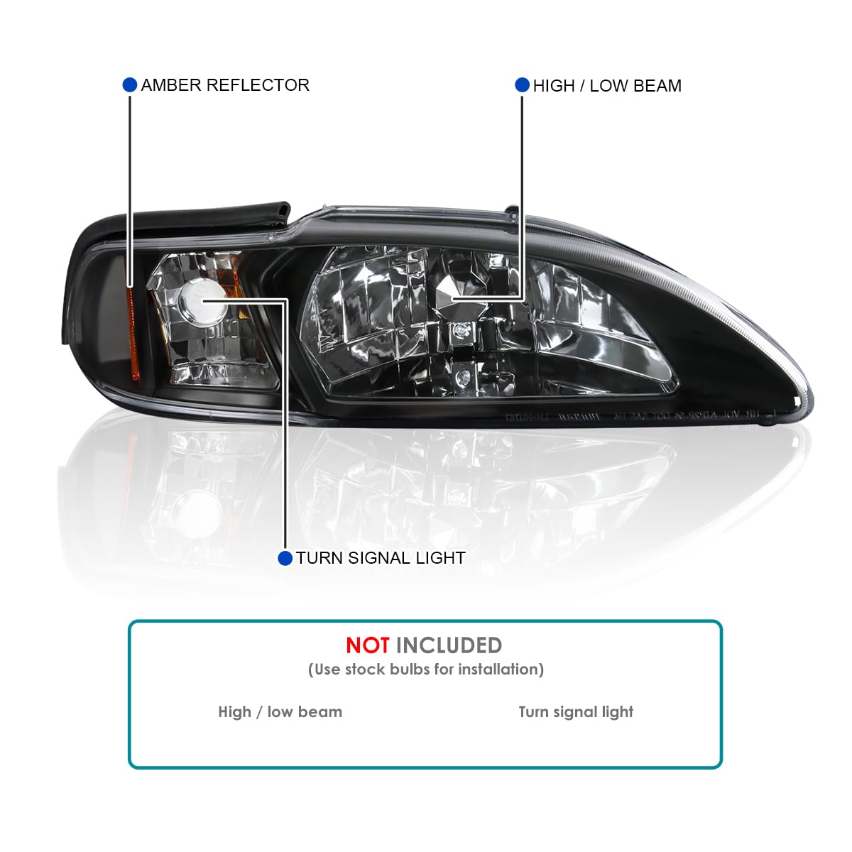SPEC-D TUNING Black Housing Clear Lens 1PC Headlights + Corner Lights Compatible with 1994-1998 Ford Mustang L+R Pair Head Light Lamp Assembly