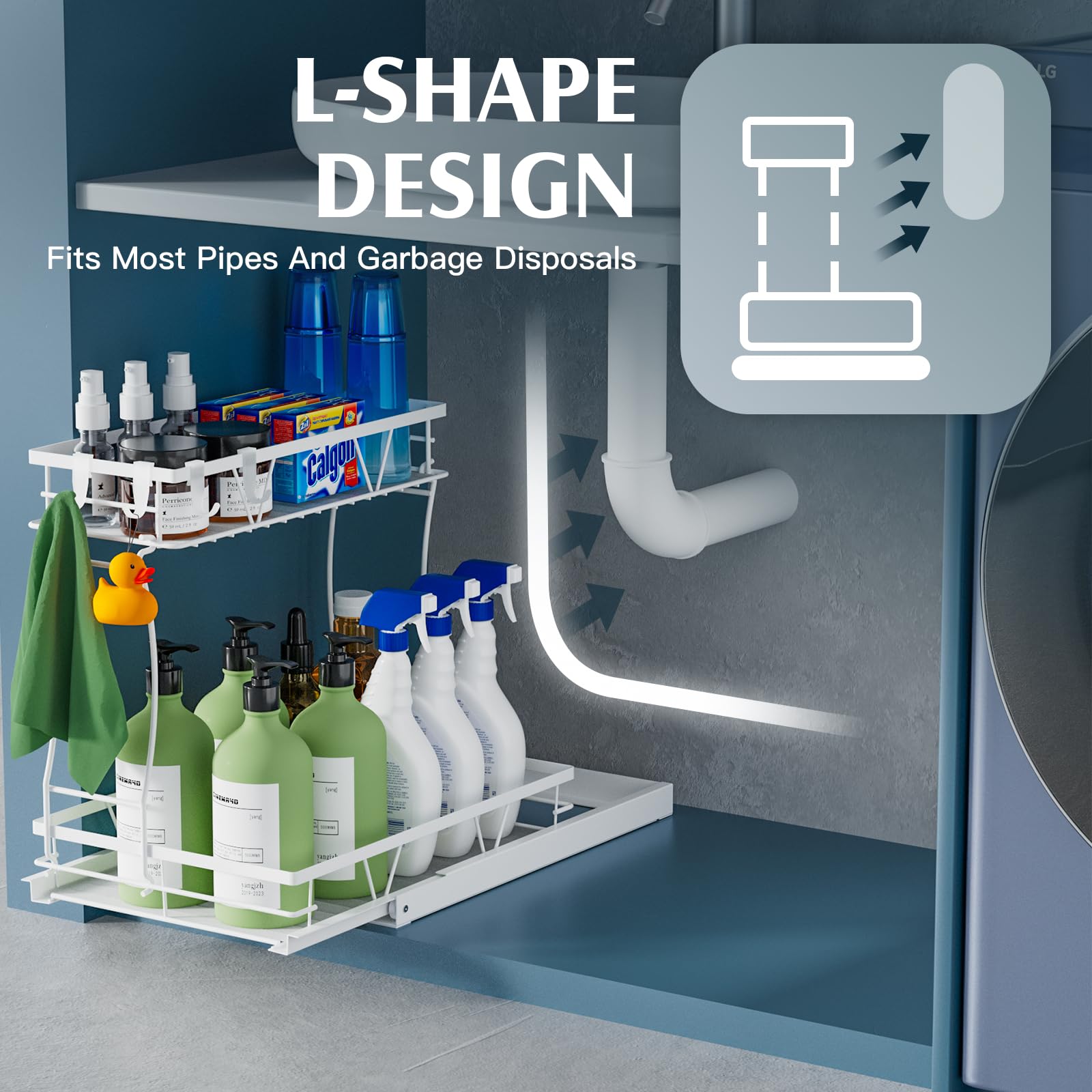 VERIFOST Under Sink Organizer, 2 Tier Under Sink Organizers and Storage, L Shaped Under Sink Pull Out Shelf Organizer, Multi-use Under Sink Storage for Kitchen Bathroom Cabinet, Black