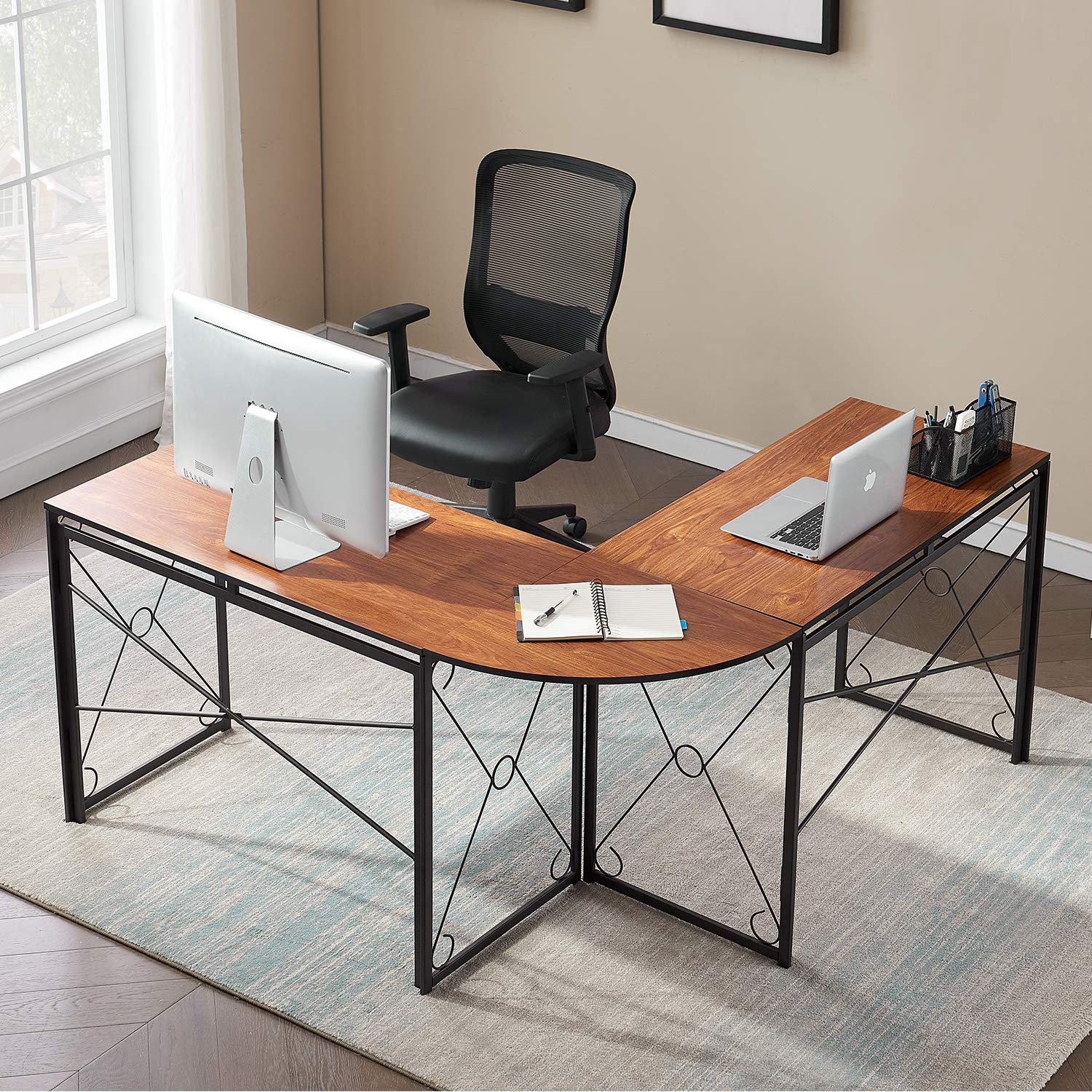 VECELO L Shaped Computer Corner Desk, 59ββx59ββ Large Industrial Home Office Workstation, Multi-Usage Long 2 Person Table, Easy Assembly/Saving Space, Steel Frame&Wooden Grain, Brown