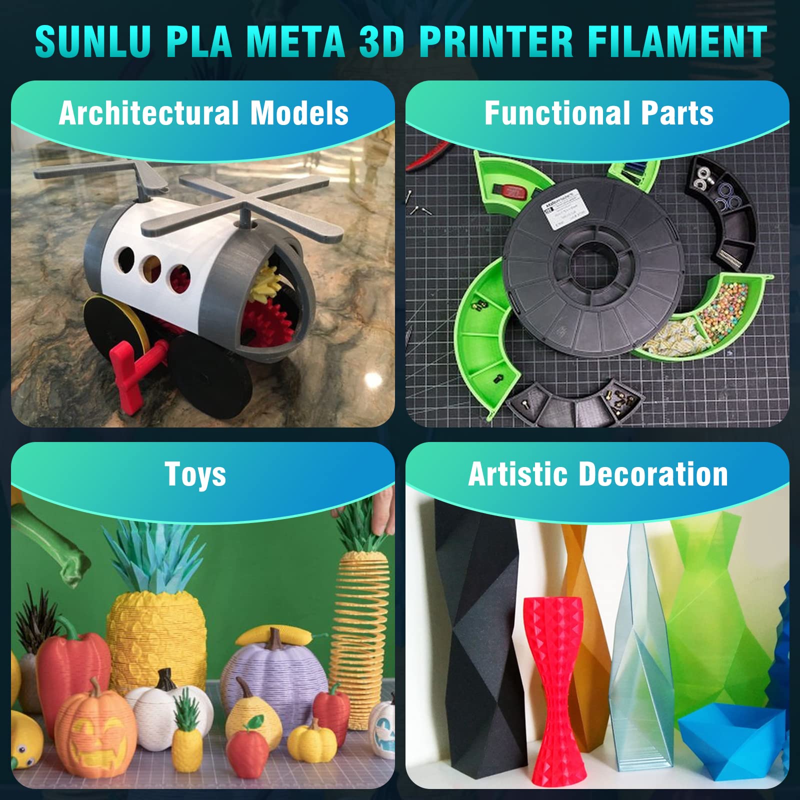 SUNLU 250G PLA Meta and Silk PLA Filament 1.75mm Bundle, 3D Printer Filament Bundle Multicolor,,0.25 kg Spool, 8 Rolls,Black+White+Grey+Blue+Green+Red+Pink+Yellow