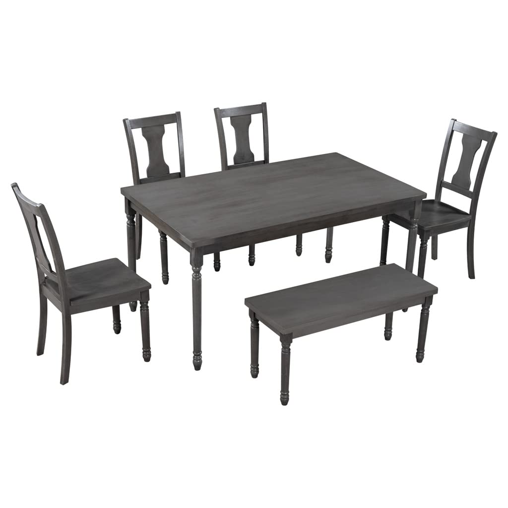 ZHYH 6 Piece Classic Dining Table 1 Wooden Table + 4 Chairs + 1 Kitchen Dining Bench Grey