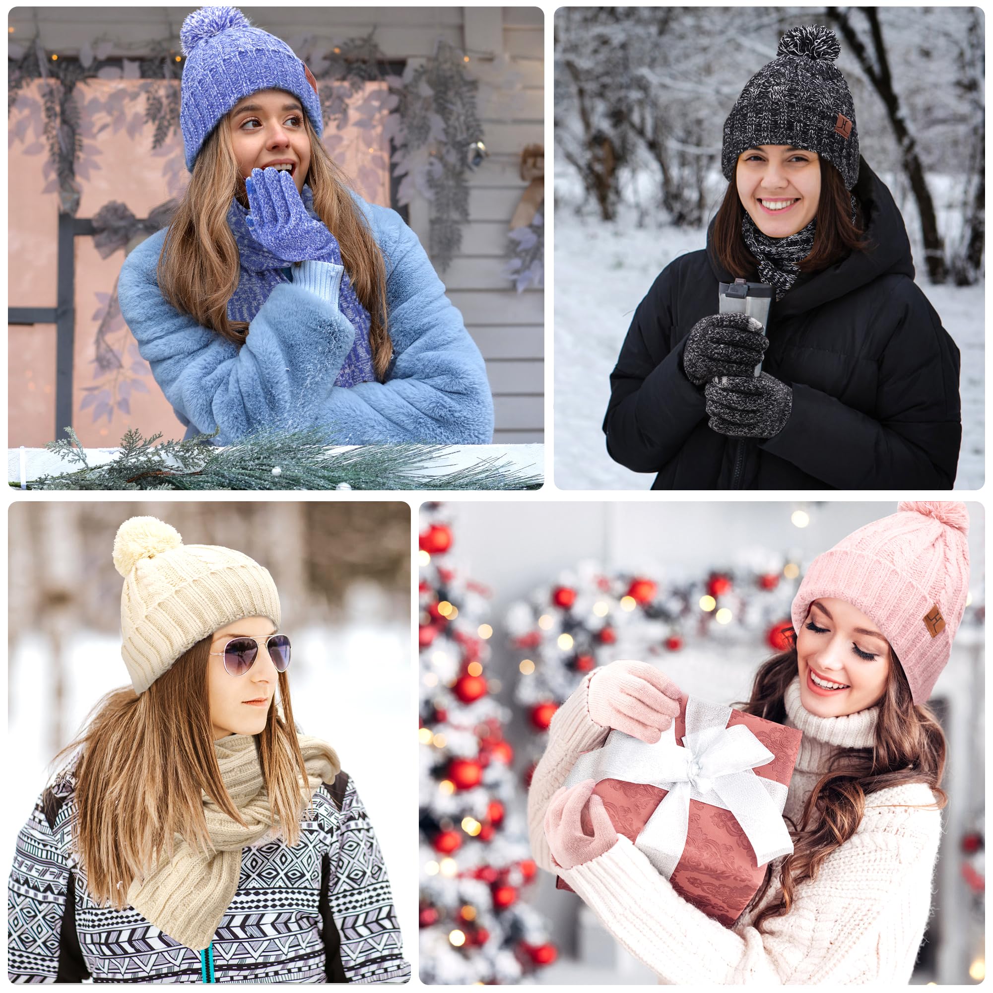 Womens Winter Warm Beanie Hat Touchscreen Gloves Long Scarf Set Ribbed Cable Knit with Fleece Lined Skull Pom Caps
