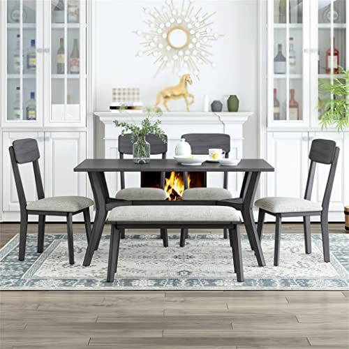 ZHYH 6 Piece Dining Set Medieval Style Wooden Dining Table and Fabric Chairs with Bench Grey + Beige