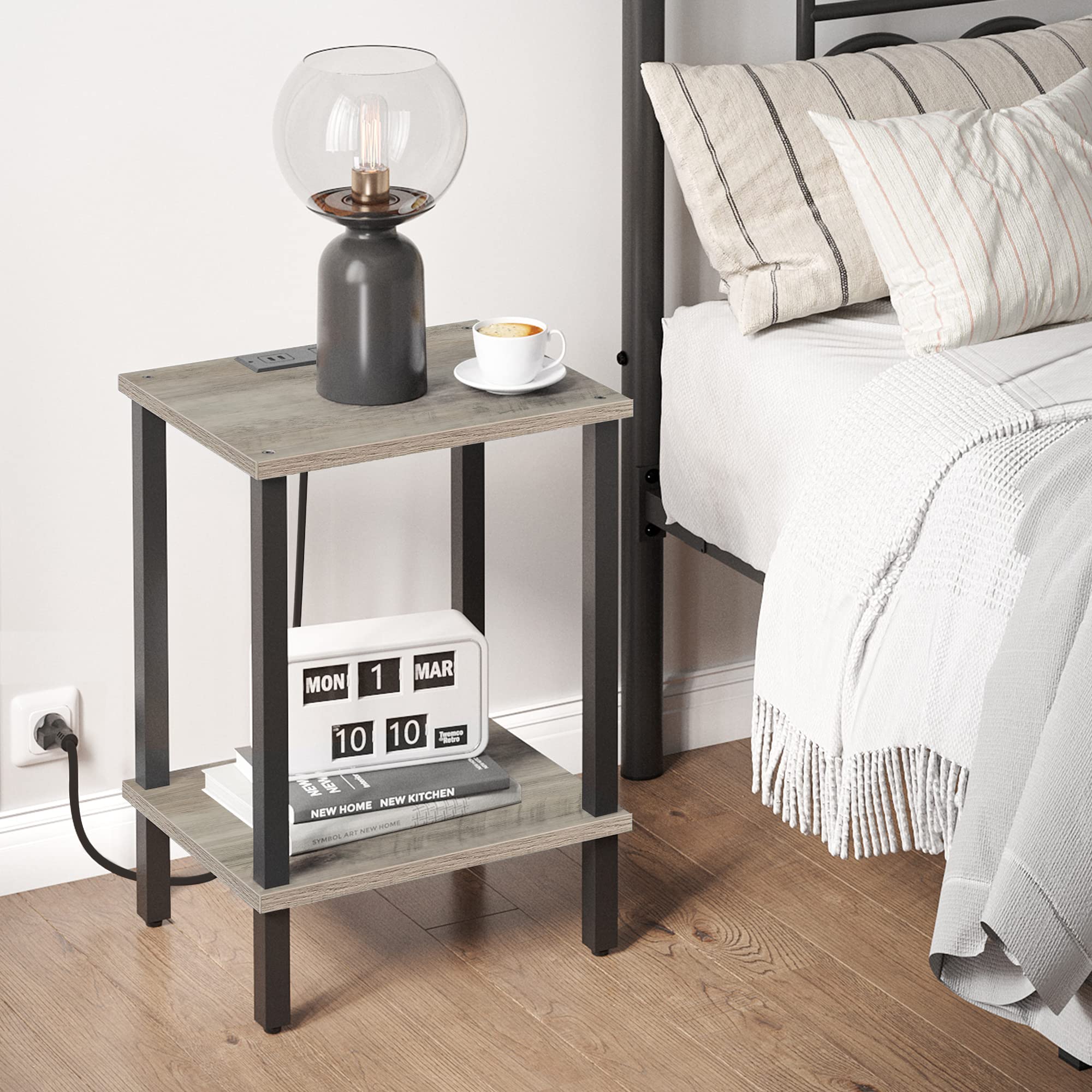 TUTOTAK End Table with Charging Station, Set of 2, Side Table with USB Ports and Outlets, Nightstand, 2-Tier Storage Shelf, Sofa Table for Small Space, Living Room, Bed Room V1TB01BG041