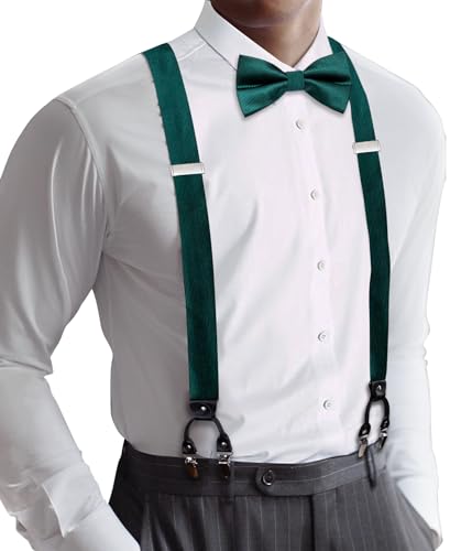 YOHOWA Men Suspenders Bowtie Set Stripe 6 Strong Clips Adjustable Y-Back Woven Brace Formal Wedding Party Tuxedo