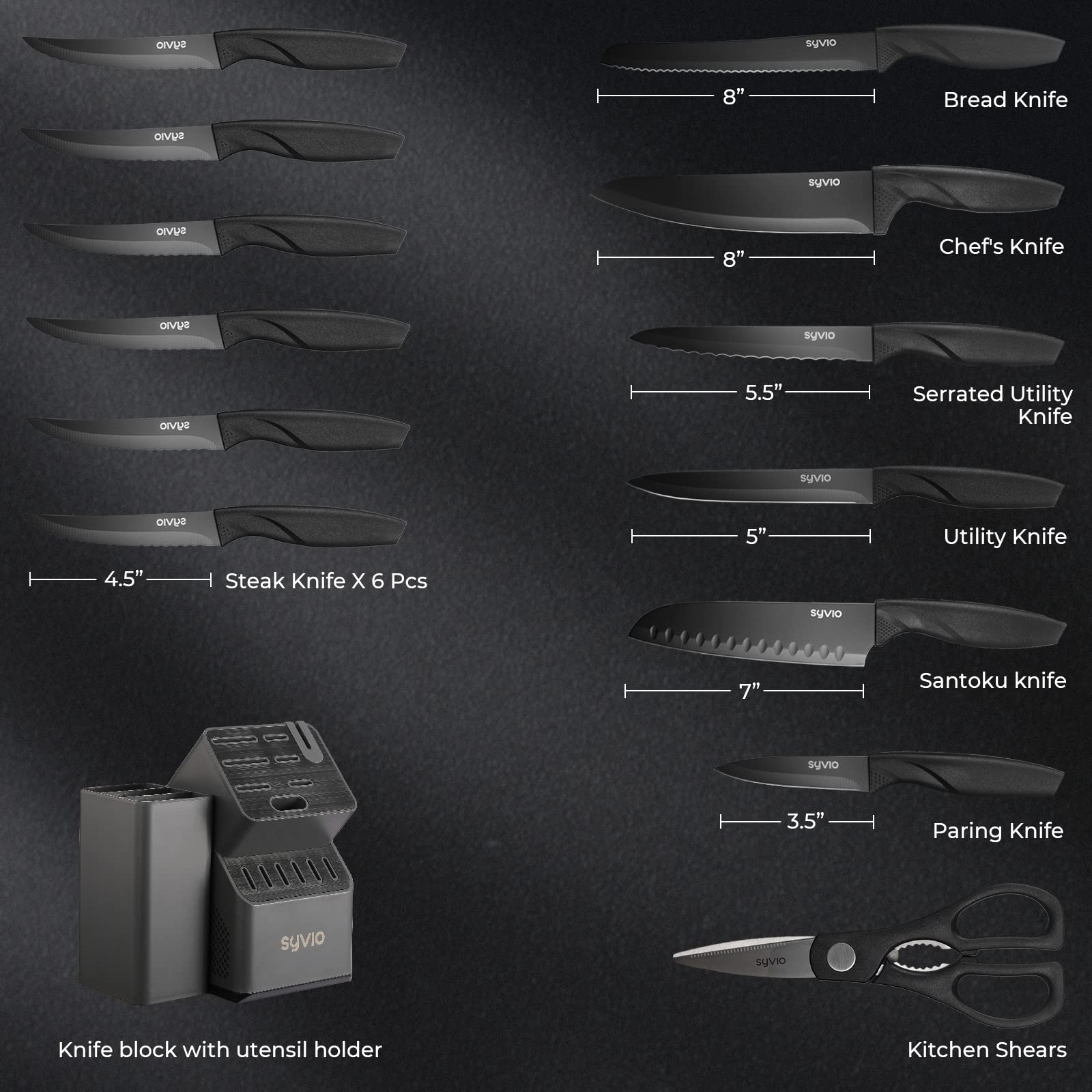 syvio Knife Sets for Kitchen with Block and Utensil Holder, Knives Set for Kitchen 15 Pieces with Built-in Sharpener, Knife Block Set for Storing, Slicing, Dicing&Cutting
