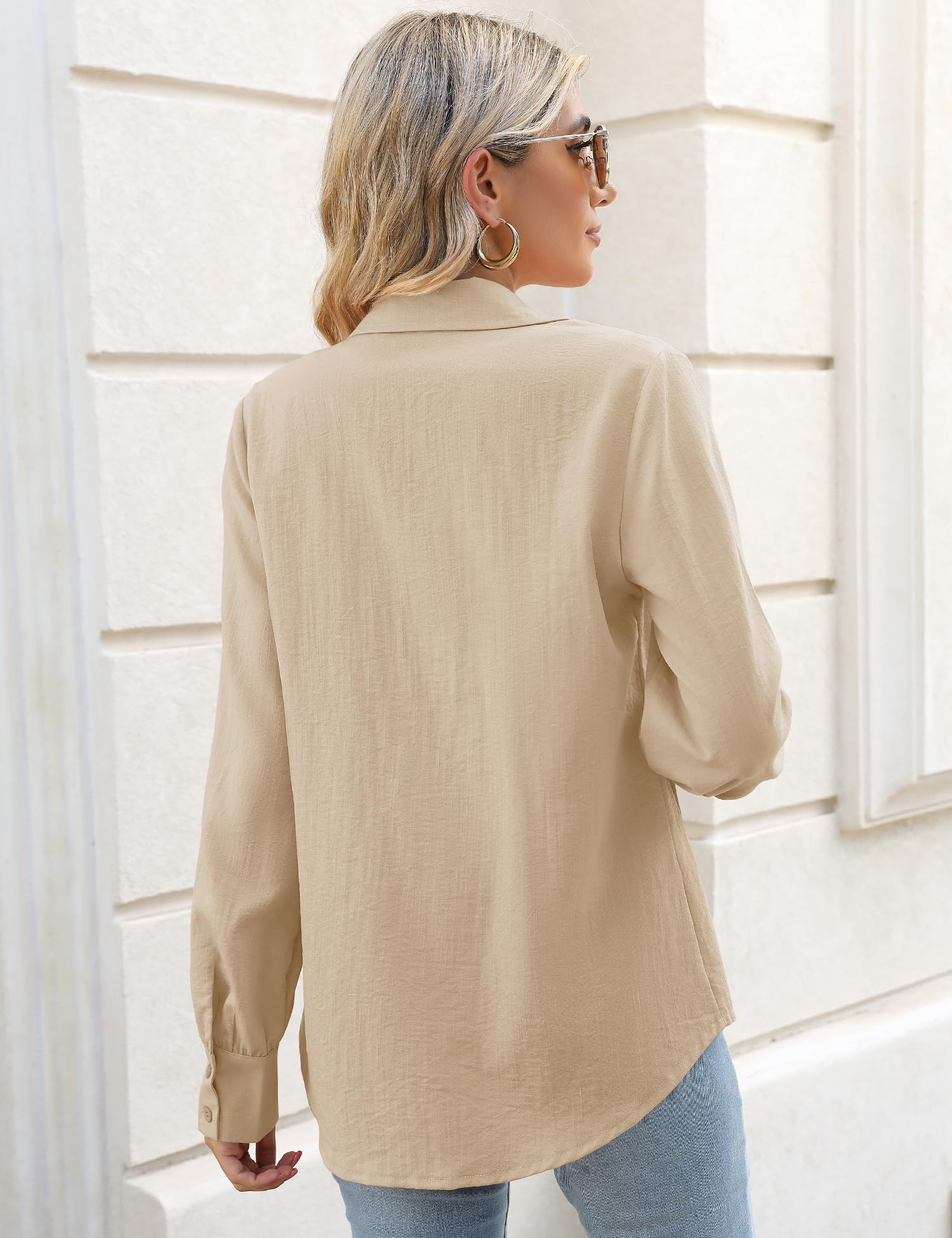 VVK Button down Tops for Women Long Sleeve Business Linen Shirts Casual Collared Blouses Office Blusas Camisas para Mujer Khaki Medium