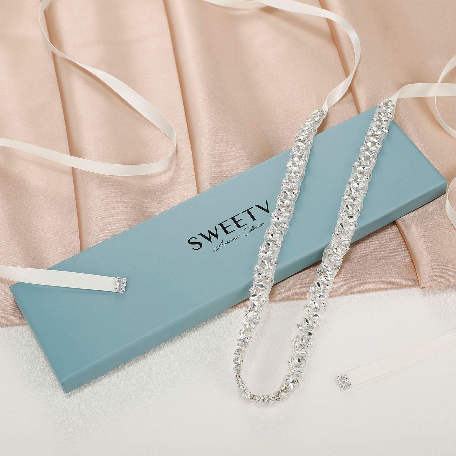 SWEETV Rhinestone Bridal Belt Bridesmaid Sash Crystal Wedding Belt for Dress Evening Gown,Silver