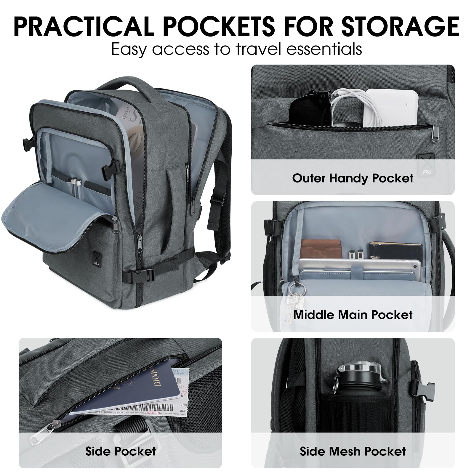 WANDF Travel Backpack For Spirit Airlines Personal Item Bag 18x14x8 with Wet Pocket, 17 Inch Laptop Backpack for Men Women(Grey)