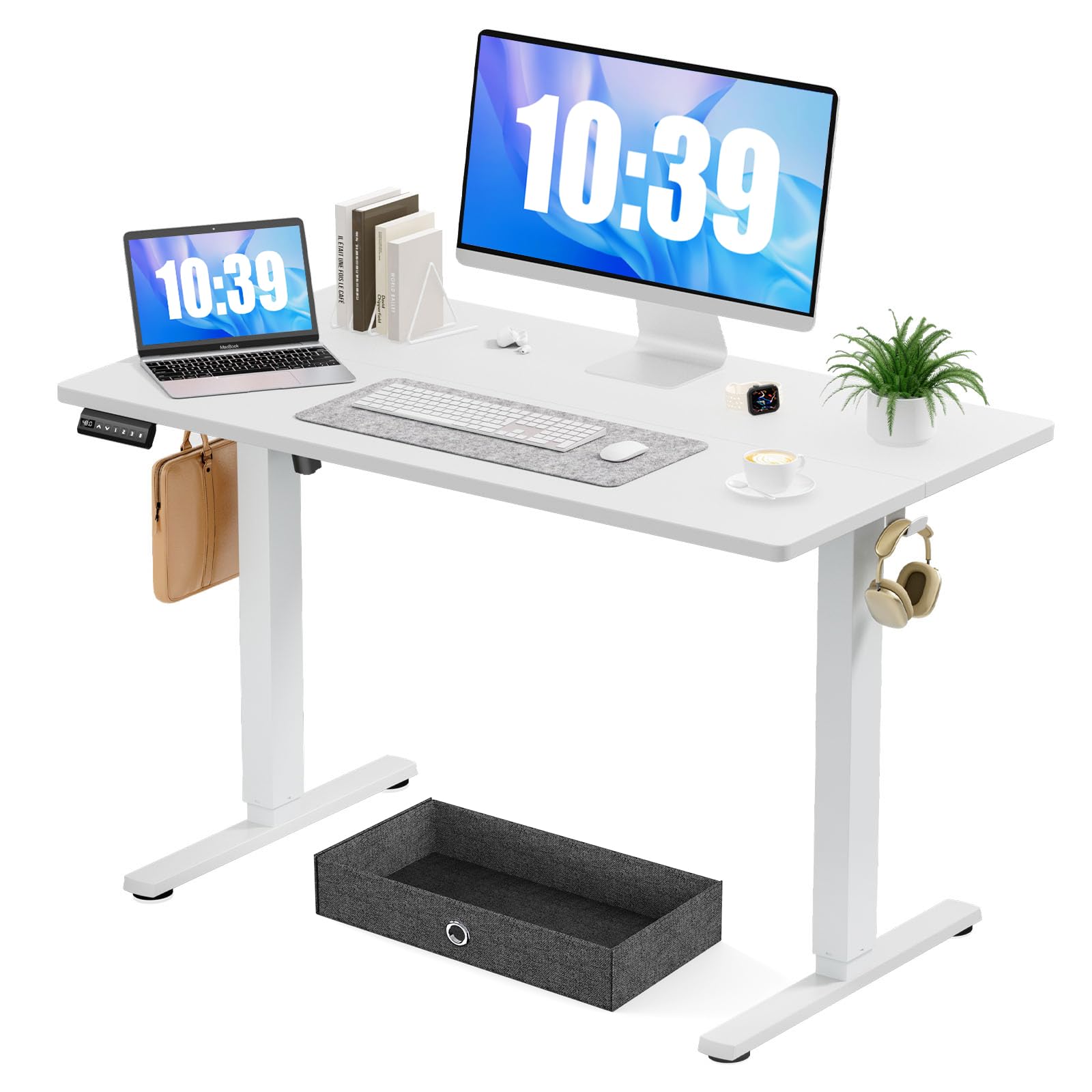 Sweetcrispy Electric Adjustable Height Desk Rising Office Computer Sit to Stand Up Table with Splice Board, 2 Hook and Wire Hole for Home Work, 48IN x 24IN, White with Single Drawer