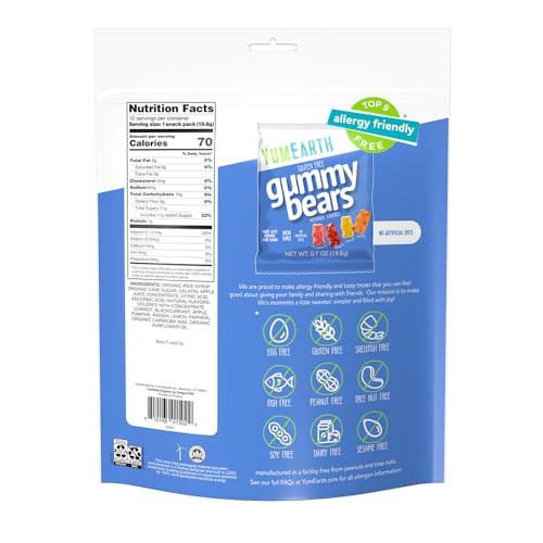 YumEarth Organic Fruit Flavored Gummy Bears, 10- .7oz. Snack Packs, Allergy Friendly, Gluten Free, Non-GMO, No Artificial Flavors or Dyes