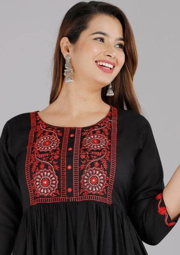 Women's Rayon Embroidery Calf Length Anarkali kurti (Black, X-Large)