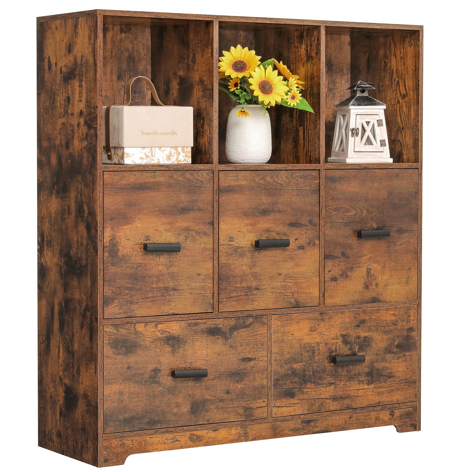 usikey Large Storage Cabinet with 5 Drawers, Wooden of Floor Cabinet with 6 Compartments, Living Room, Entryway, Rustic Brown