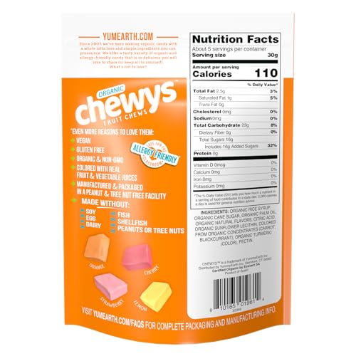 YumEarth Organic Fruit Chews - Fruit Flavored Candy Chews, No Dye, Allergy Friendly, Gluten Free, Non-GMO, Vegan Candy with No Artificial Flavors, 5 ounce (Pack of 6)