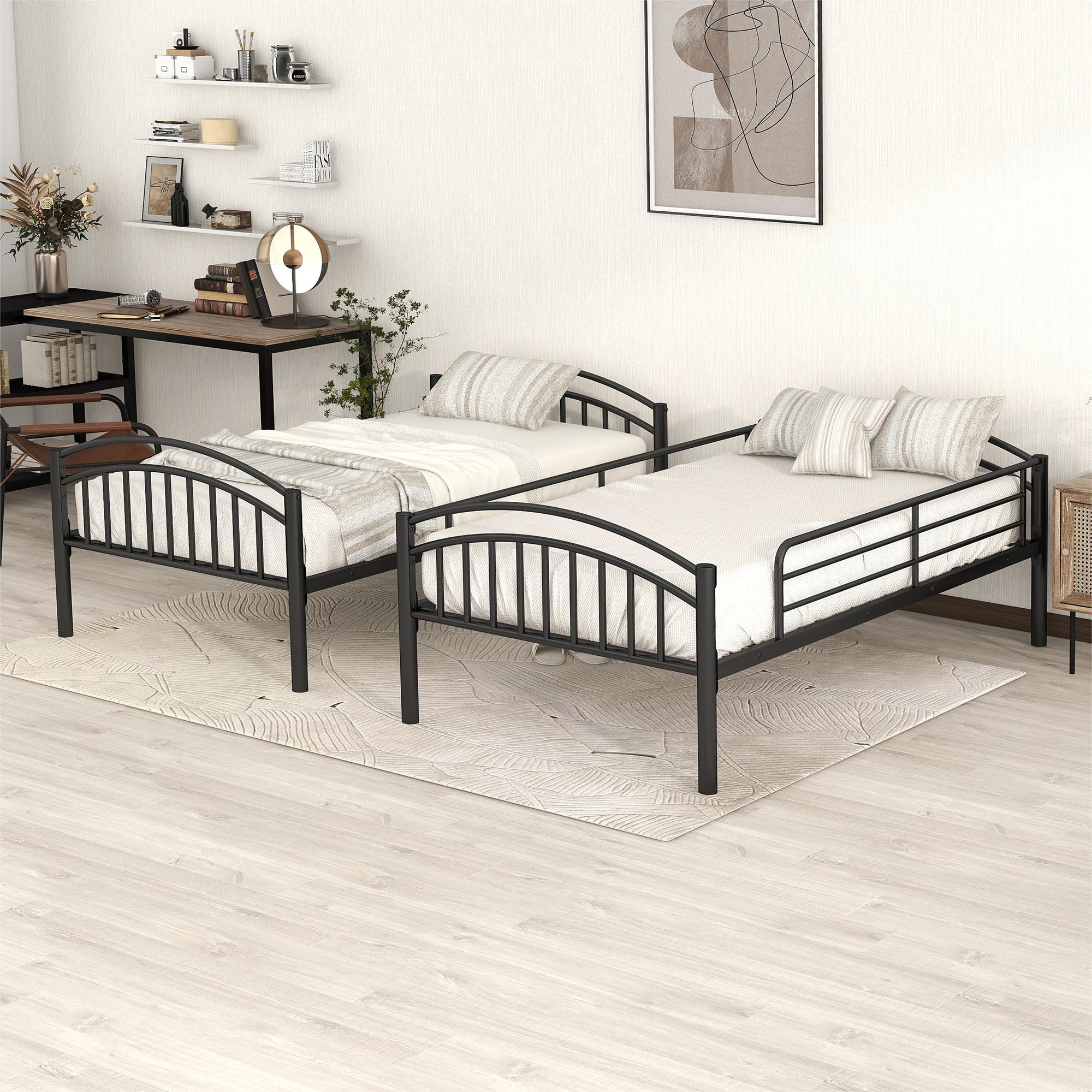 Twin Over Twin Metal Bunk Beds, Convertible Bunk Bed Divided into Two Beds for Kids Boys Girls Teens,Black