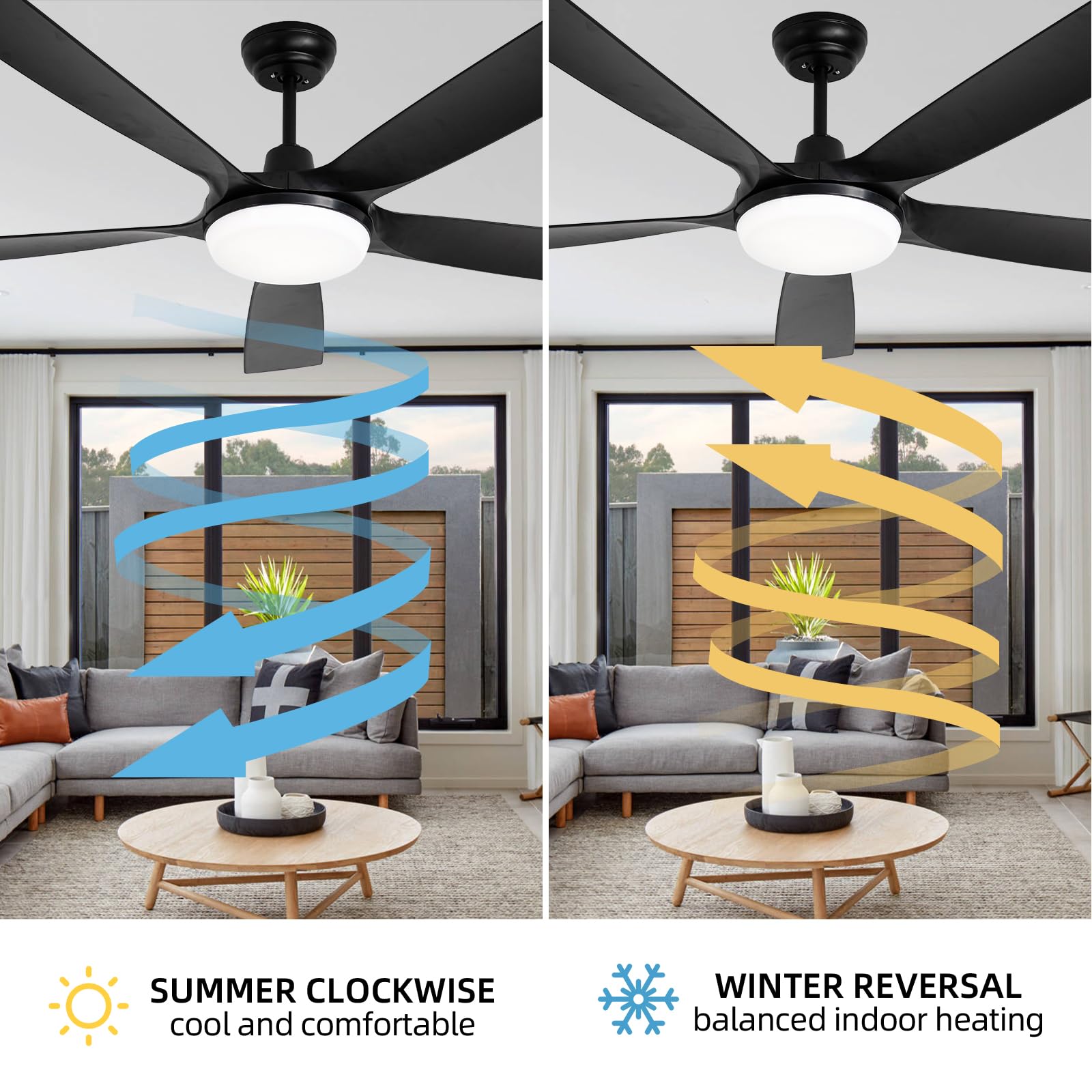 Viossn Ceiling Fan with Lights, 56 Inch Outdoor Ceiling Fan with light 5 Reversible Blades,Dimmable, Black Ceiling Fan with Remote Control for Bedroom Living Room Patio