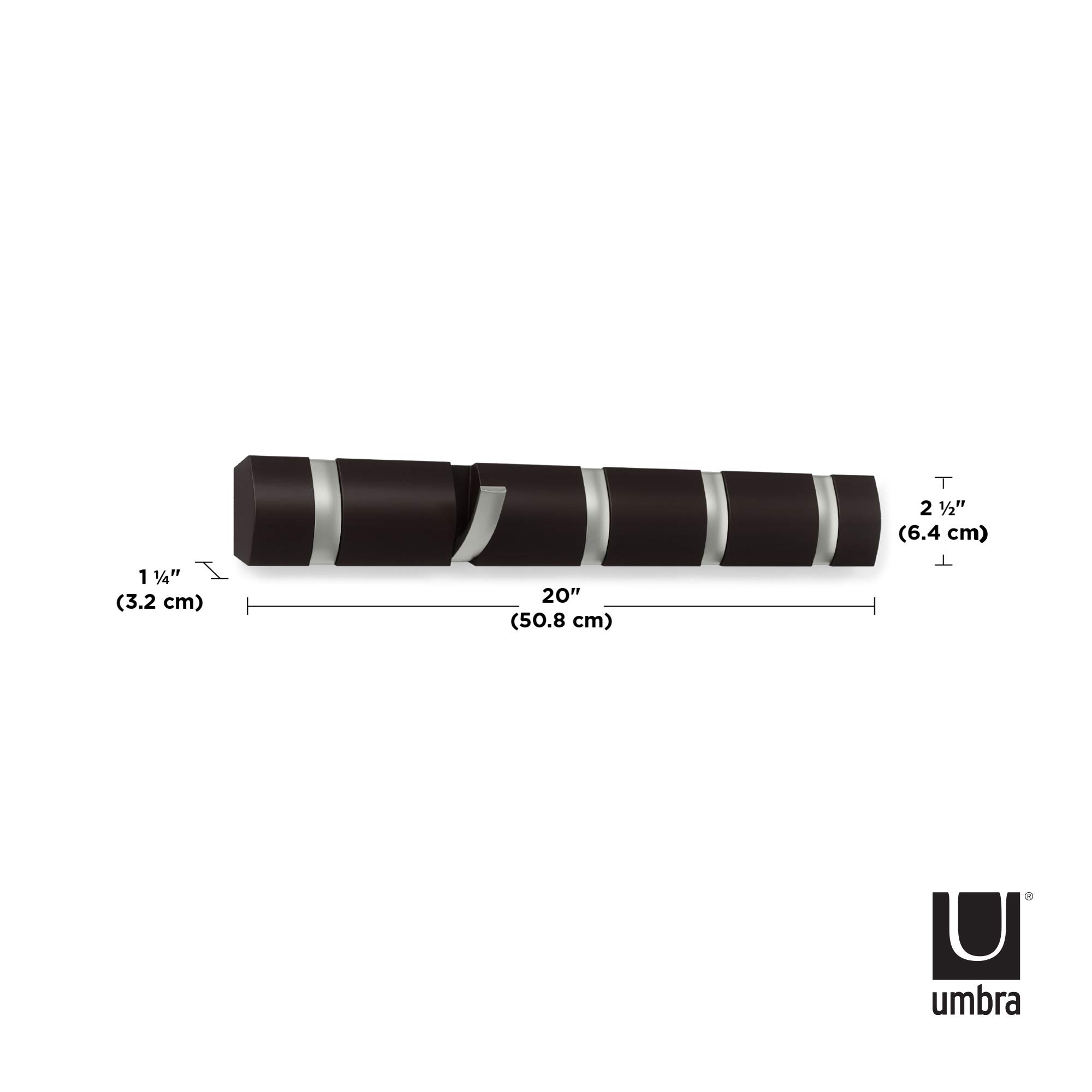 Umbra Flip Wall-Mounted Coat Rack Rail Hook for Hats, Jackets, Bags and More β Modern, Space-Saving Storage Organizer for Entryway, Mudroom, Closet, Bathroom, Bedroom, Kids Room, or Nursery, 5 Hooks, Espresso/Nickel
