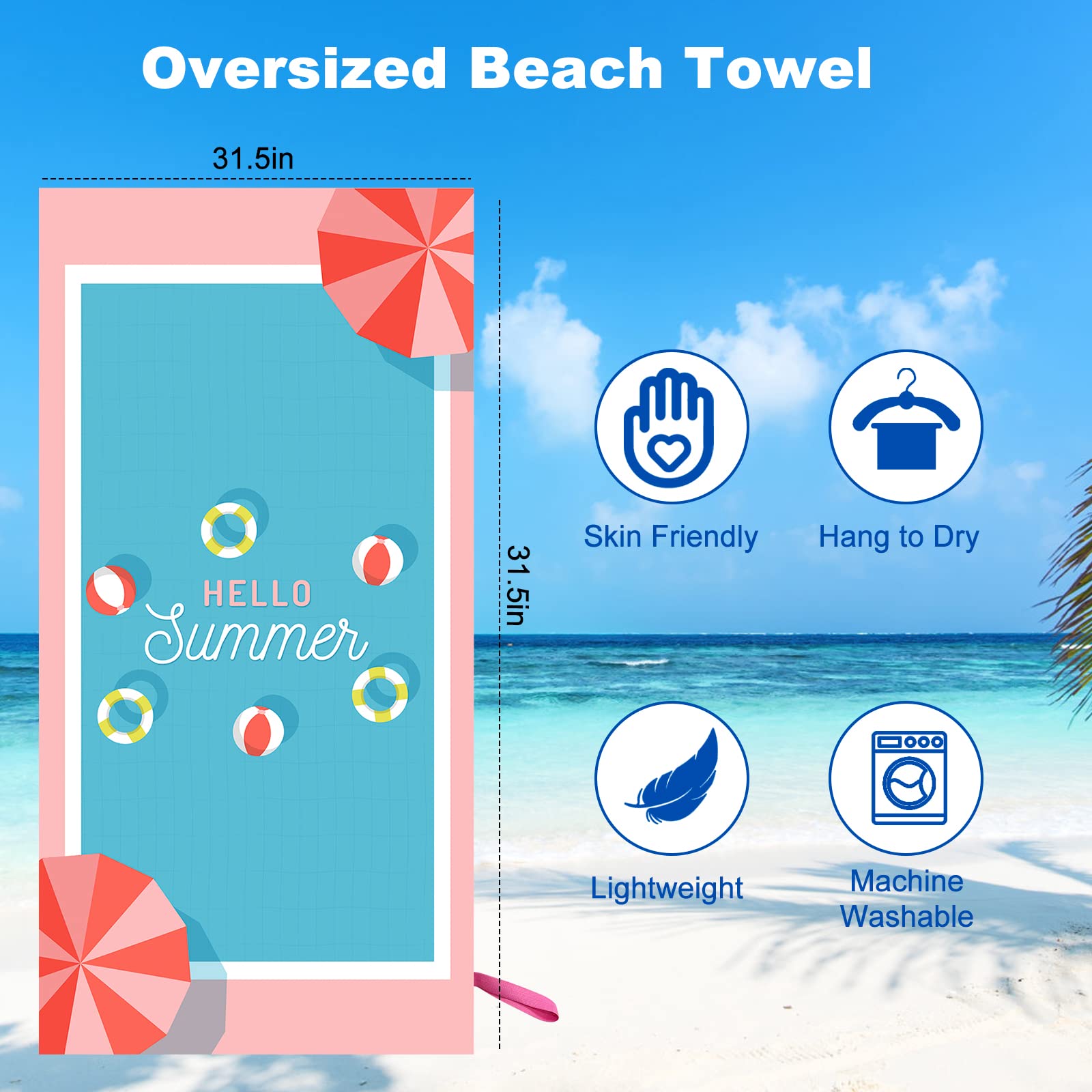 Yunaeduo Microfiber Beach Towels for Adults - Quick Dry Lightweight Oversized (31.5βx63β) Super Absorbent - Large Sand Free Beach Towel - Travel Towel, Beach Accessories