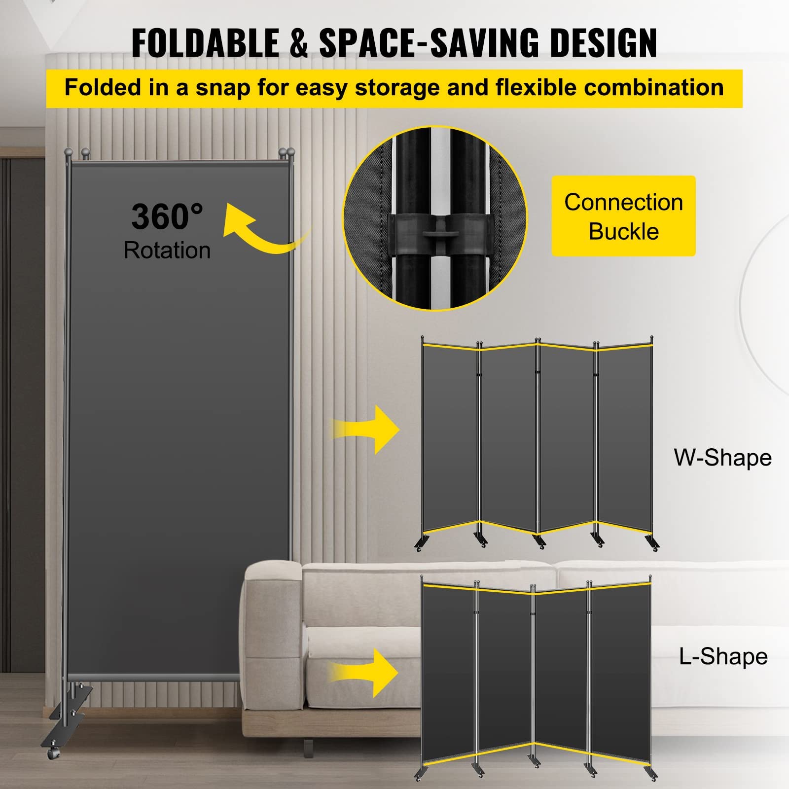 VEVOR Room Divider 6ft, Room Divider Wall 3 Panels, Partition Room Dividers 89"x73", Folding Room Divider, Panel Room Divider, Folding Privacy Screen with Wheels (Black) for Home, Dorm, Office