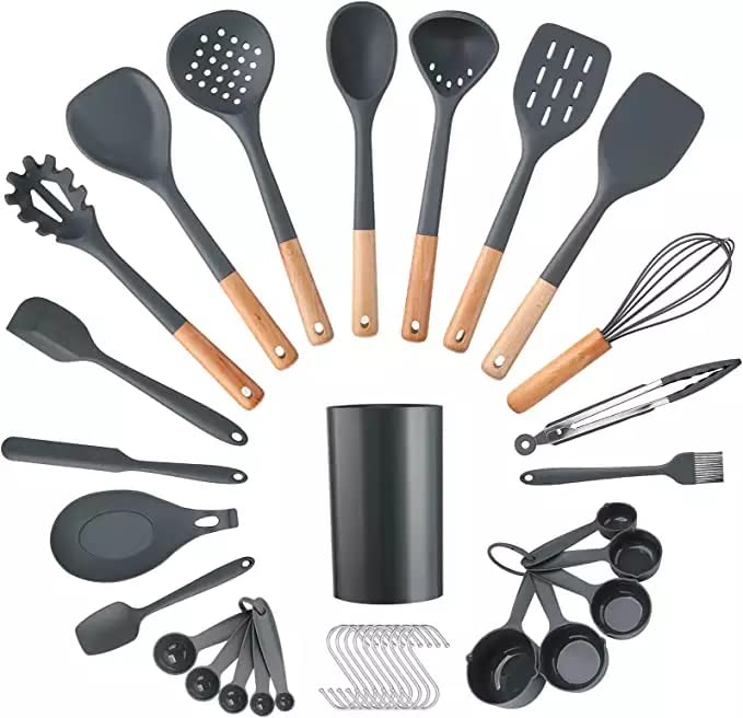 Utensil sets-Kitchen 33 Pcs Non-Stick Silicone Cooking Utensils Set with Holder, Sturdy Wooden Handle, Heat Resistance Silicone Spatula Spoon Kitchen Gadge