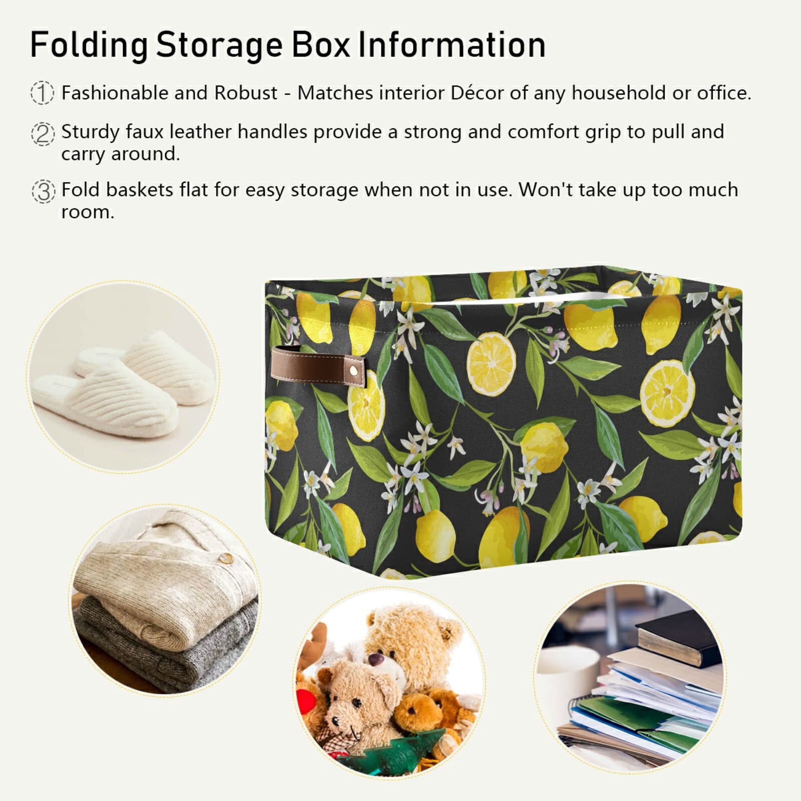 xigua Lemon Flower Storage Baskets,Large Decorative Collapsible Rectangular Canvas Fabric Storage Bin for Home Office(15x11x9.5inch,1 Pack)