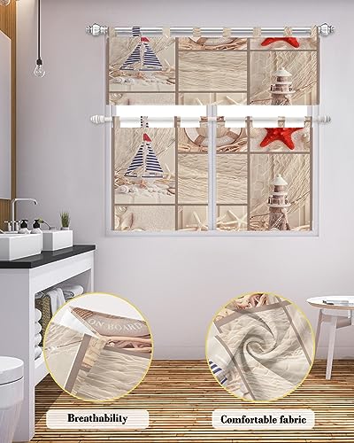 Tab Top Curtain Valance and Tiers Set,Summer Beach Red Starfish Shell Lifebuoy Light Filtering Kitchen Curtains Valances,Lighthouse Sea Nautical Boat Cafe Window Treatment Drapes for Bedroom